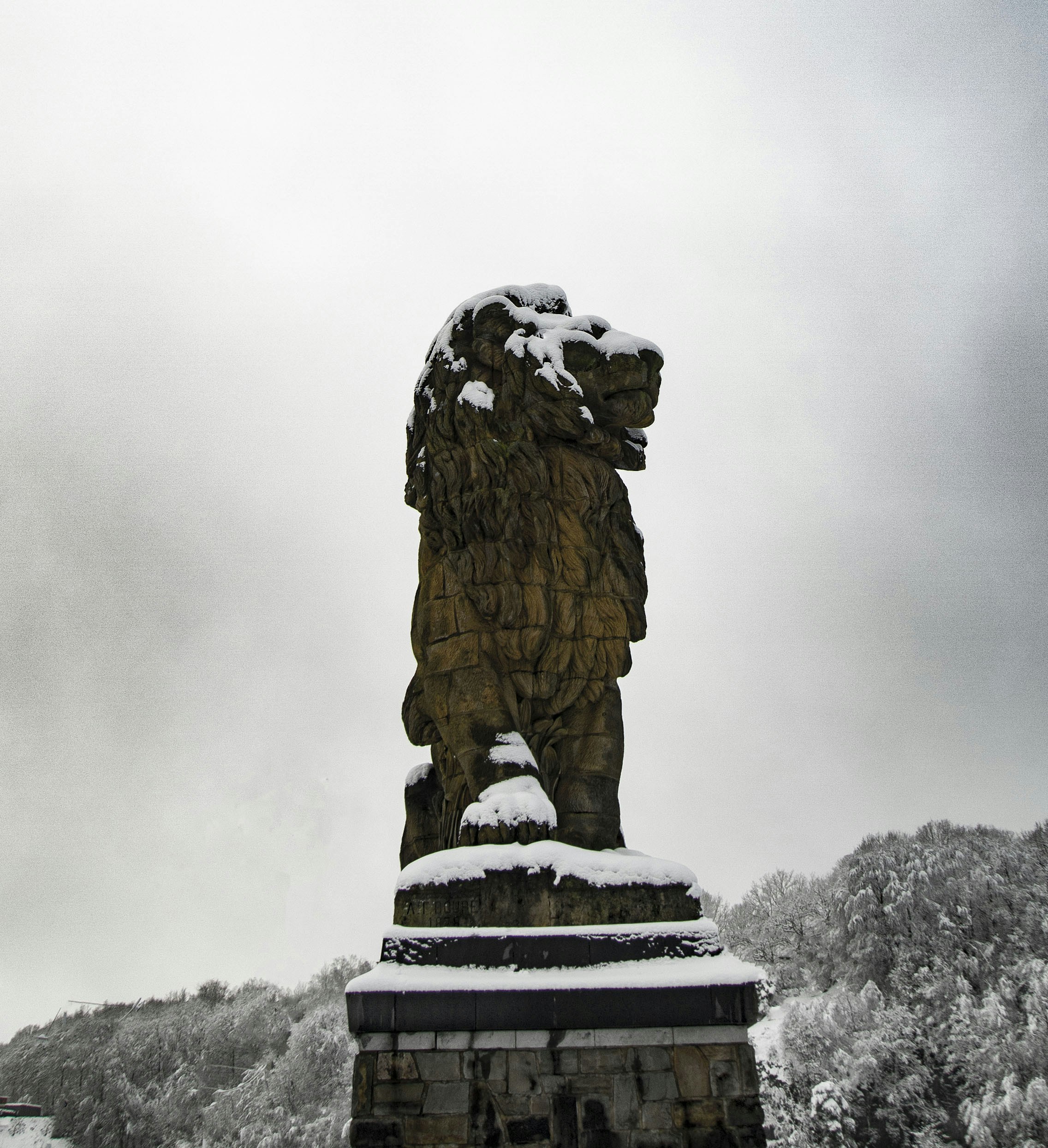 Snow-Dusted Sentinel: A Stone Lion Standing Against Winter Light