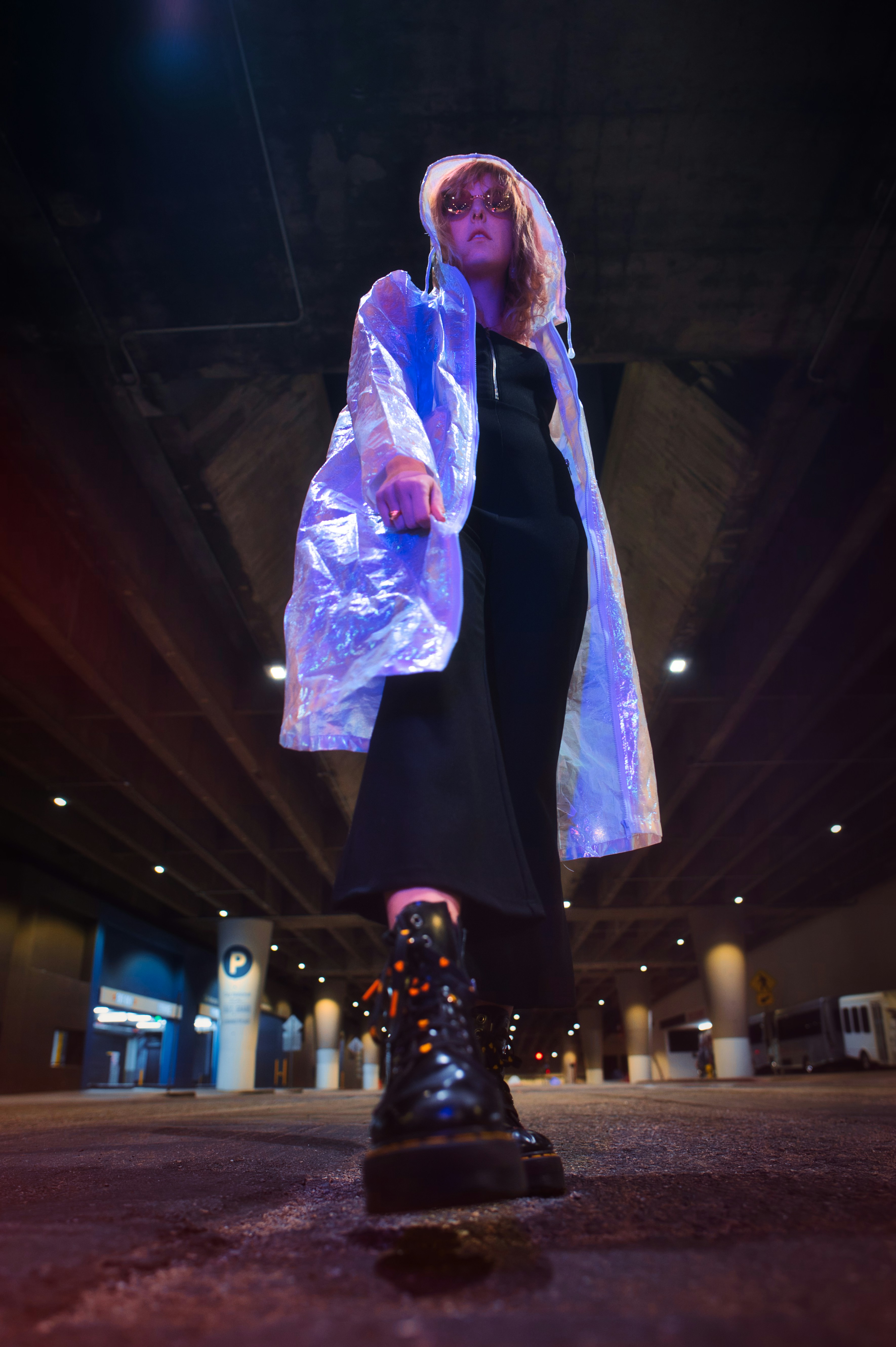 Neon Hue Stride: A Low-Angle Walk in a Holographic Coat