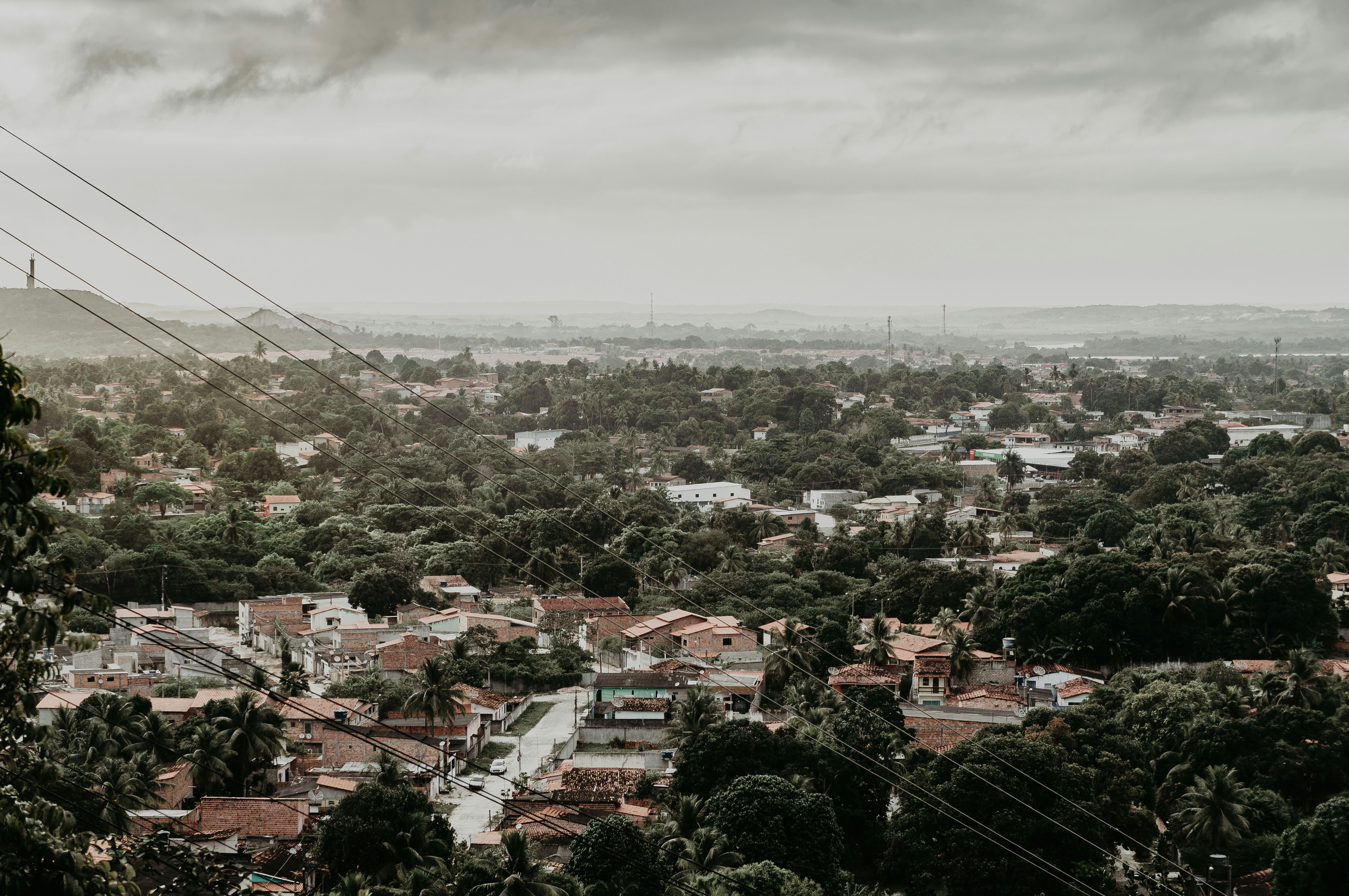 Aerial view of densely packed city buildings interspersed with greenery under an overcast sky.