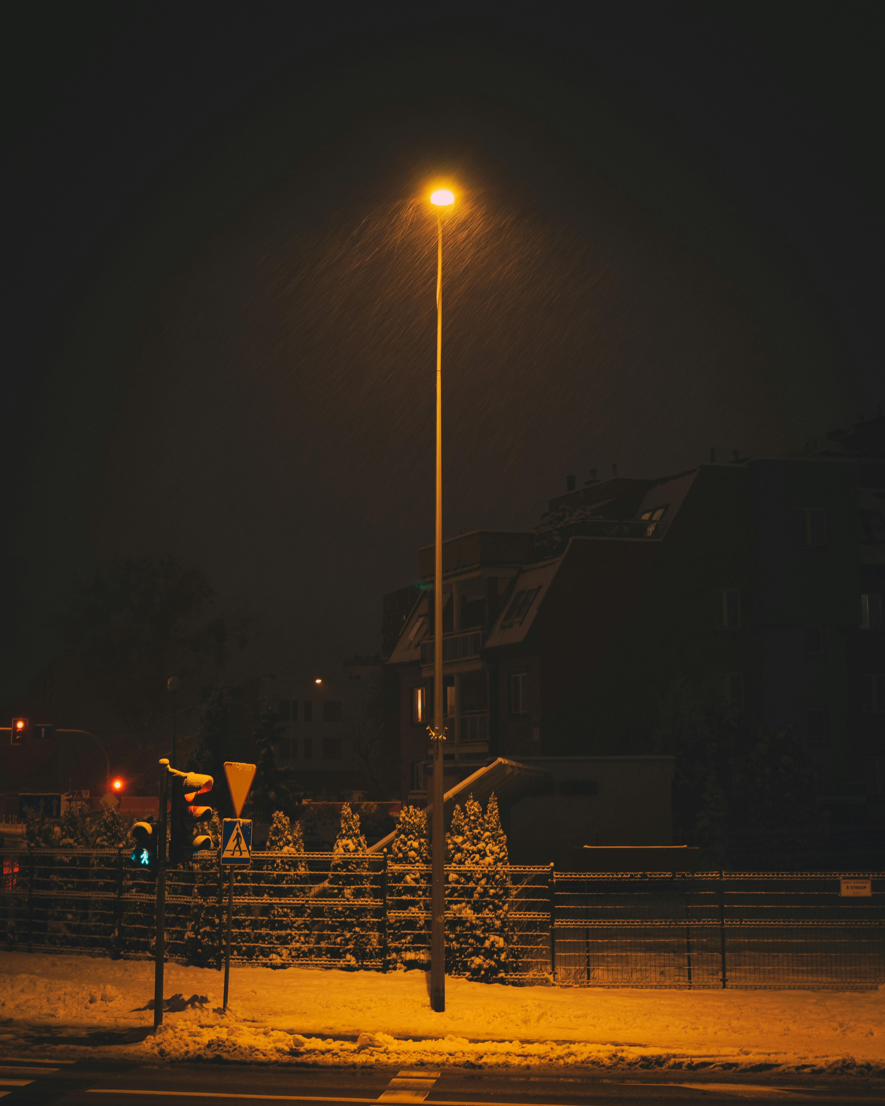 White light post near brown wooden house during night time photo – Free ...