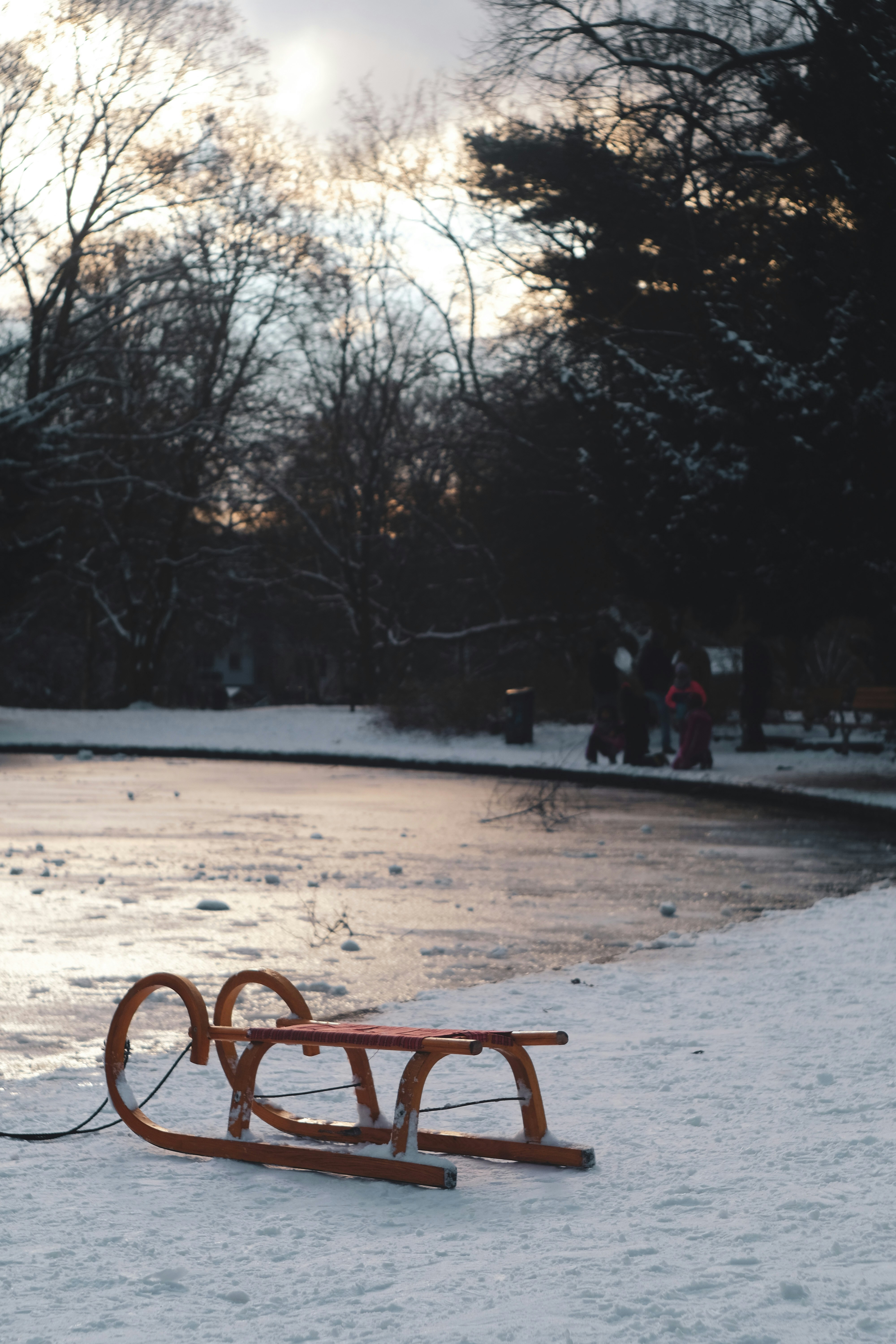 Red Sled by a Frosted Lake: Quiet Winter Evening Among Bare Trees
