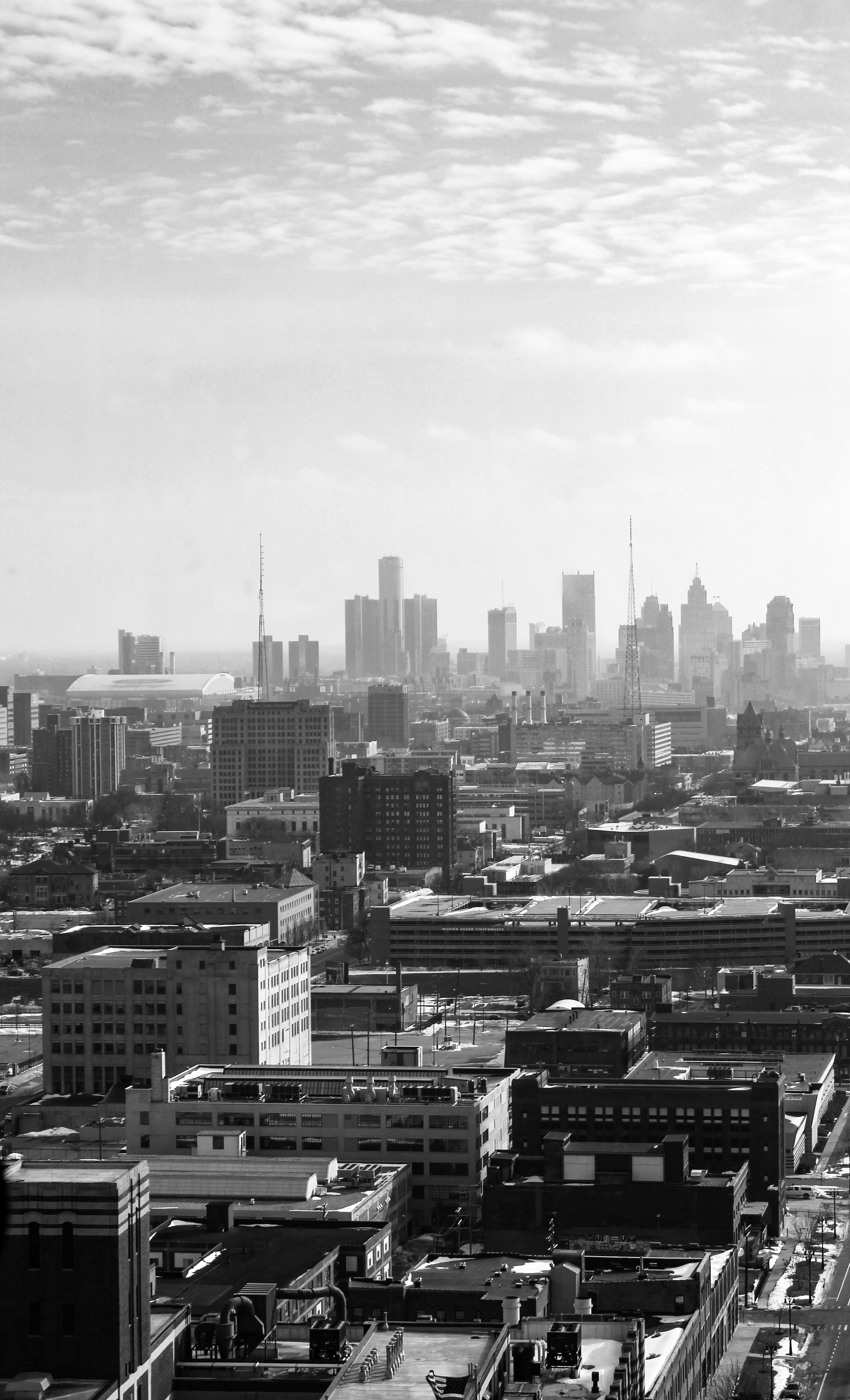 Expansive view of a bustling city skyline in black and white, showcasing a mix of modern and historical architecture. The scene captures the essence of urban life.