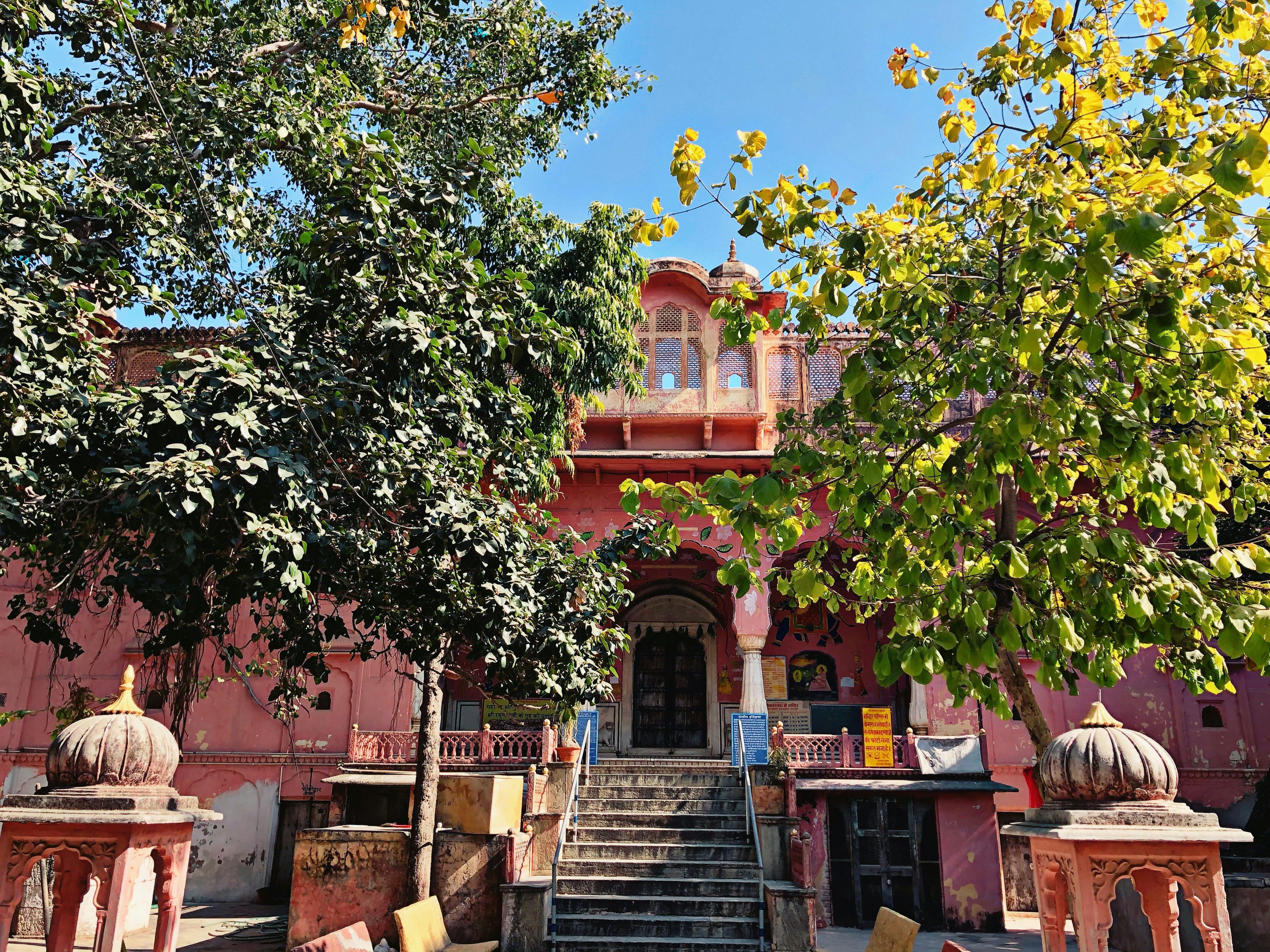 Ornate entrance of a traditional building framed by lush trees under a clear blue sky.