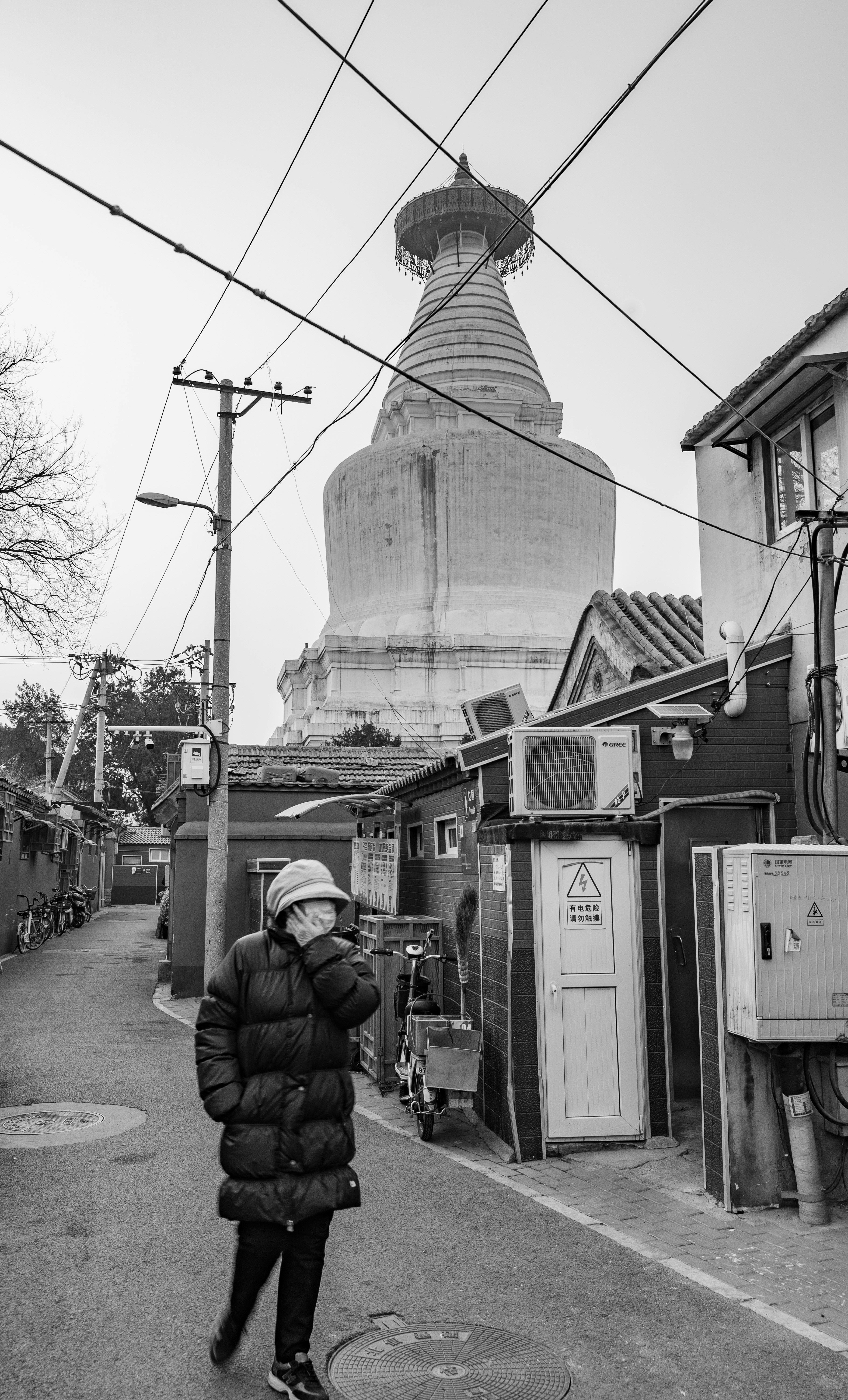 Crisscrossed Wires, Towering Stupa: A Street-Level Contrast