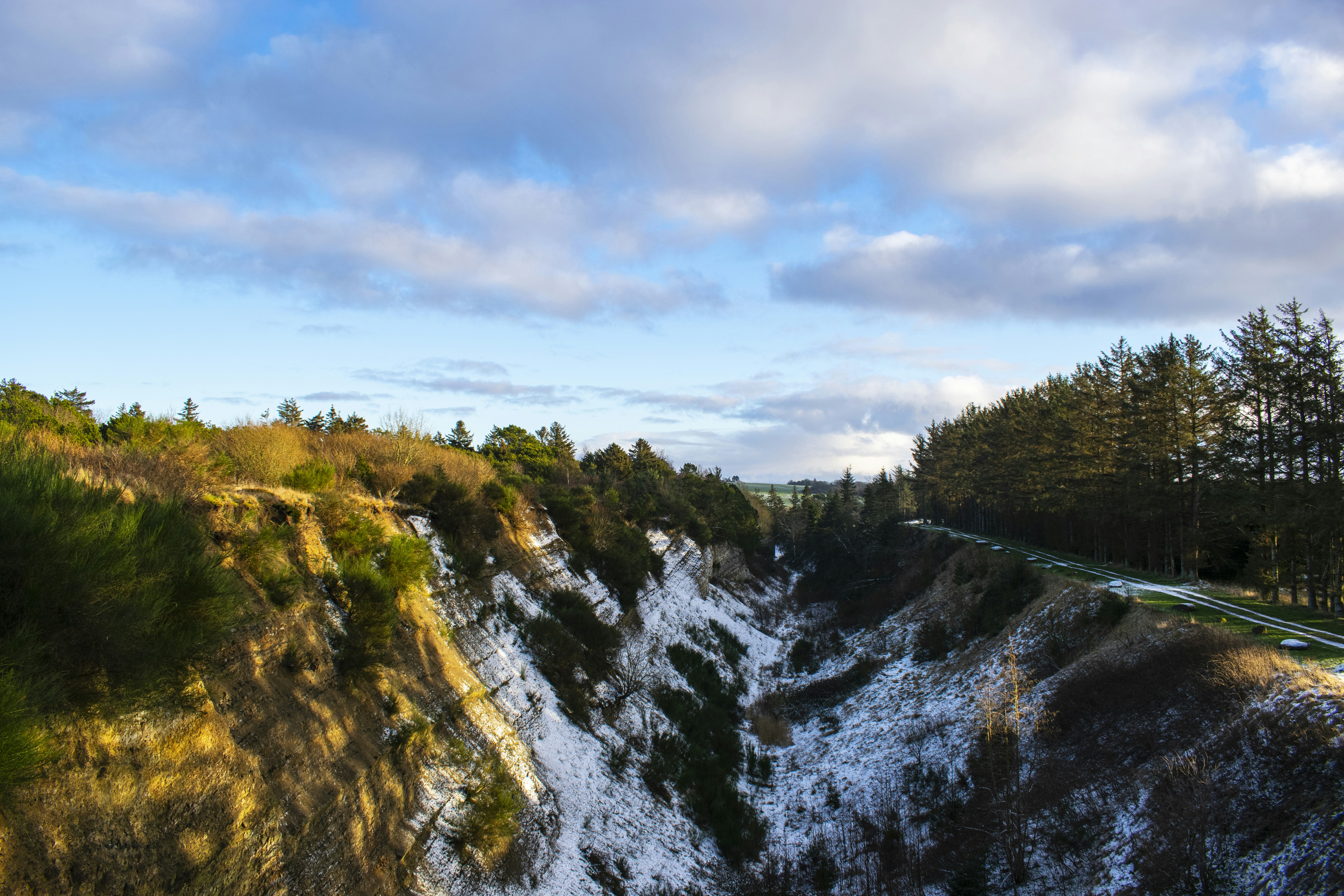 Snow-White Ravine Edge Framed by a Guarded Road
