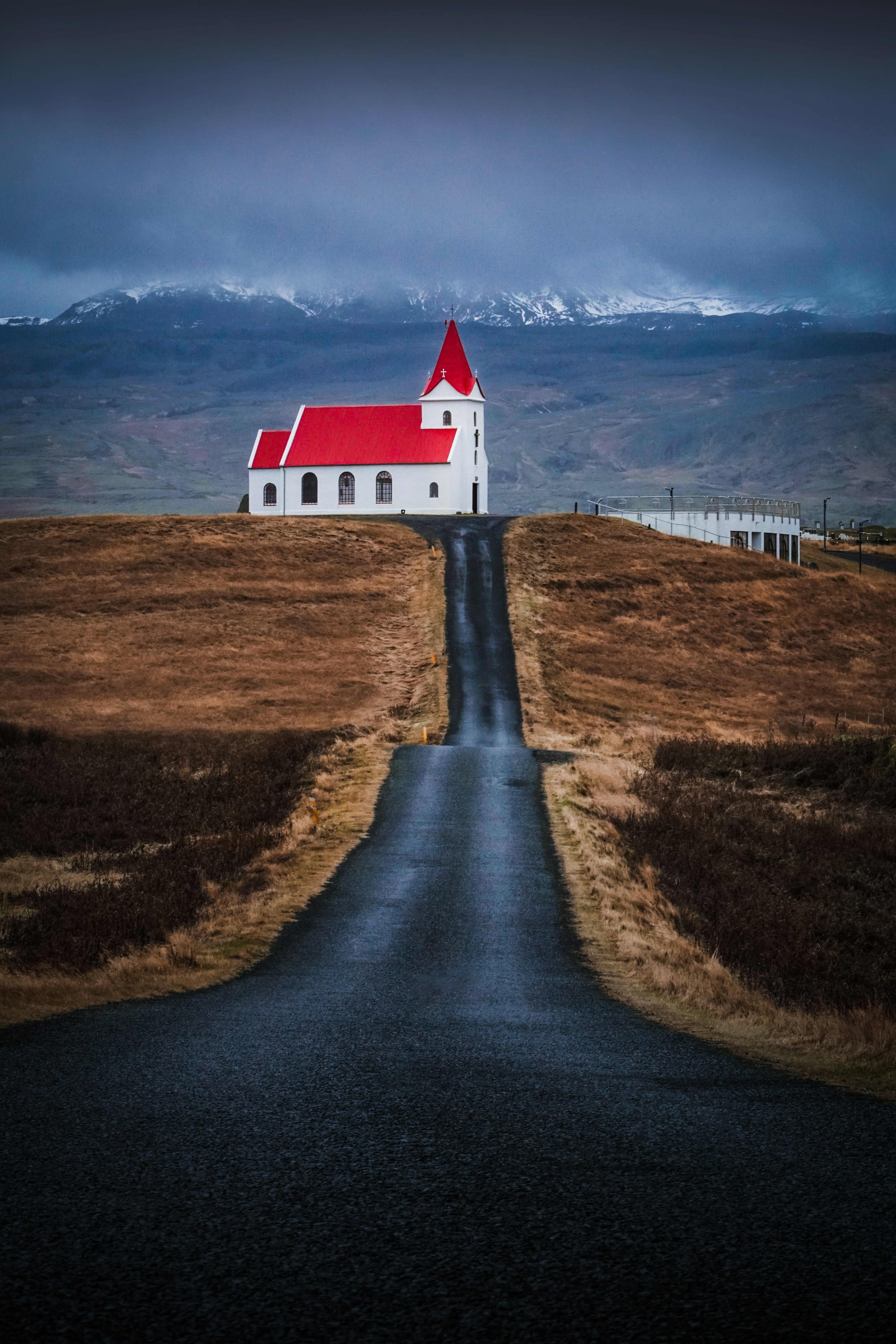 A small, white church with a red roof we found on our way to the lighthouse in Stafnesviti, Iceland.