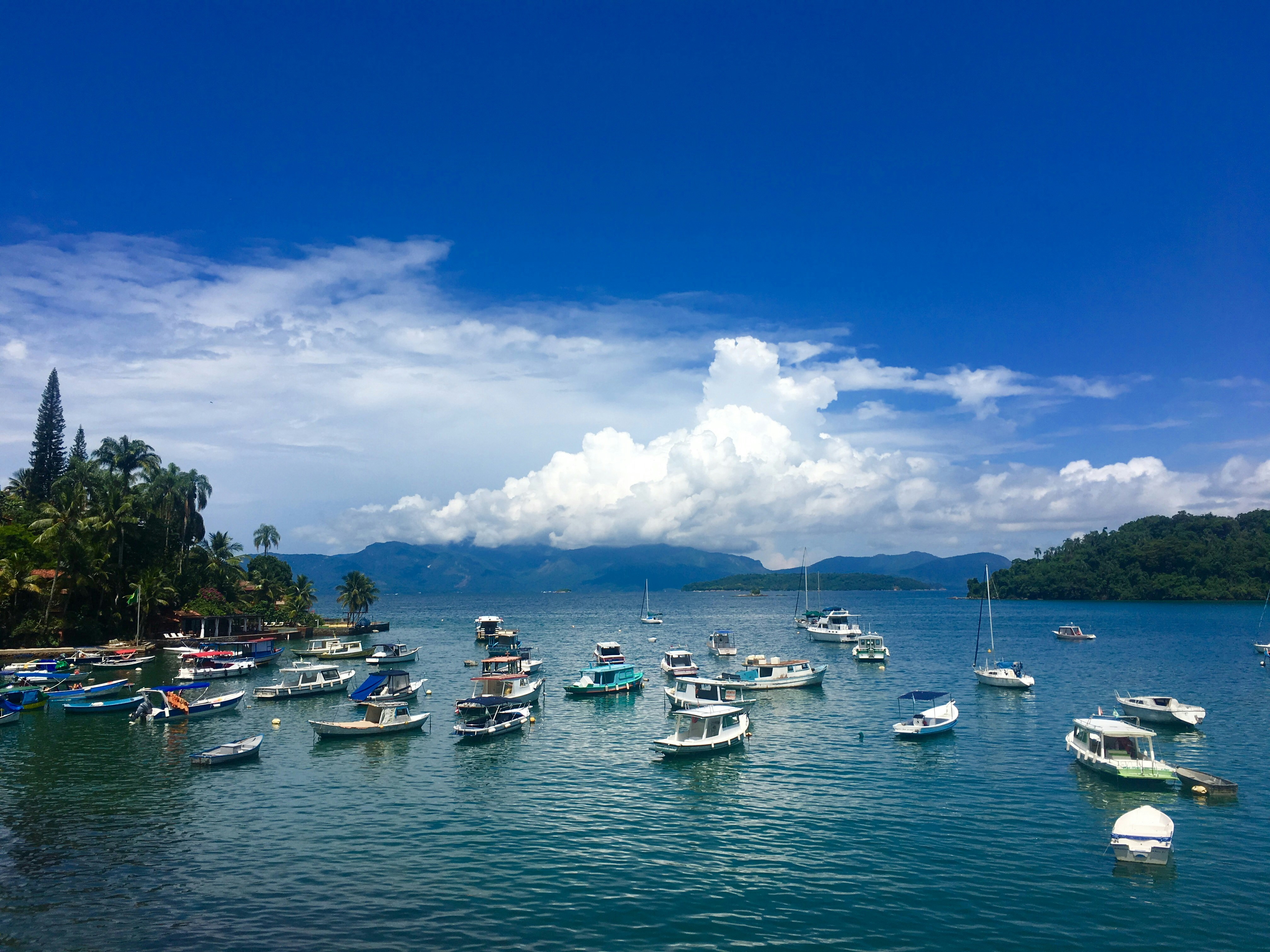 Small boats anchored in a tranquil bay with lush greenery and distant mountains under a vivid blue sky.