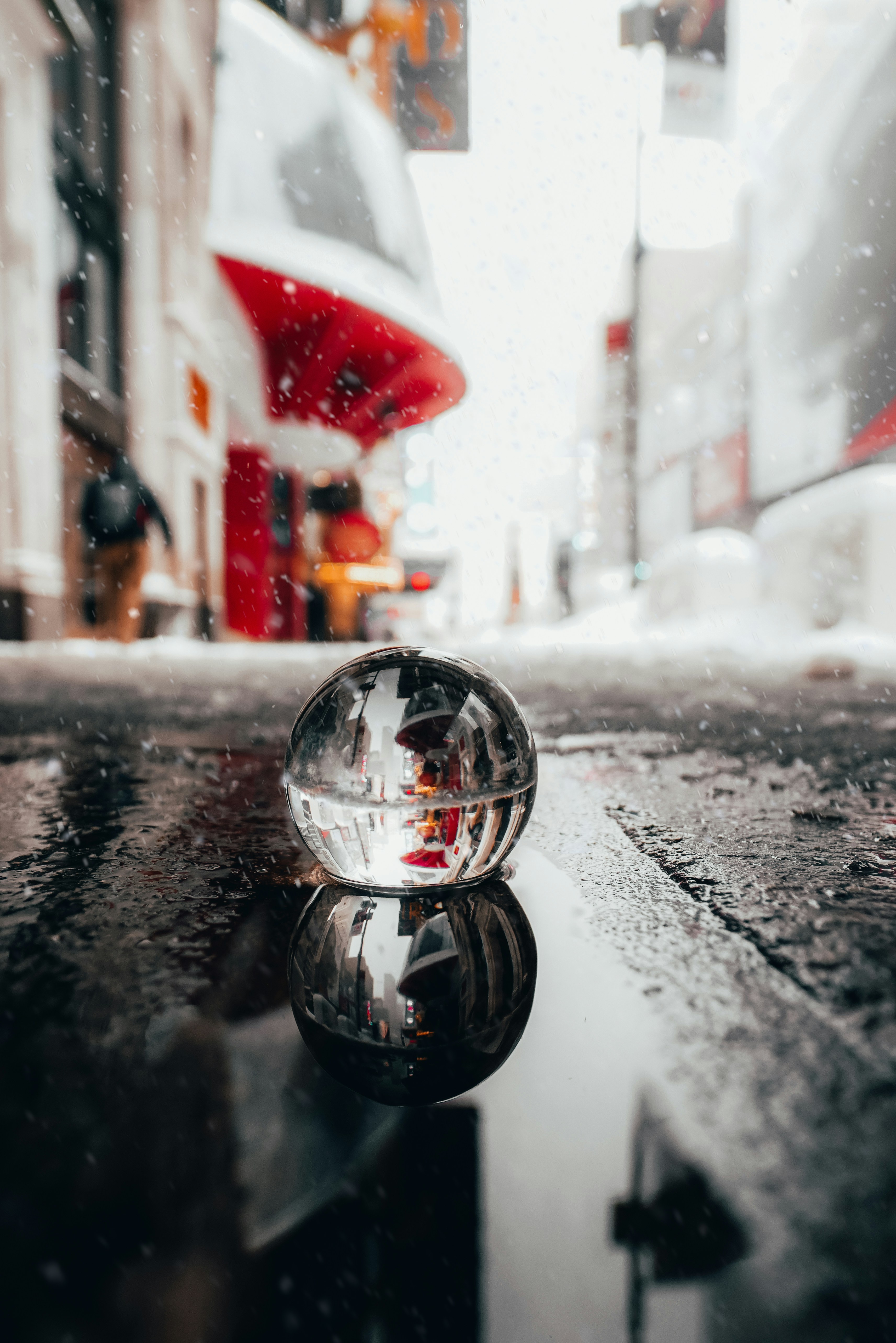 Tiny City in a Glass Ball: Snowy Street Reflections
