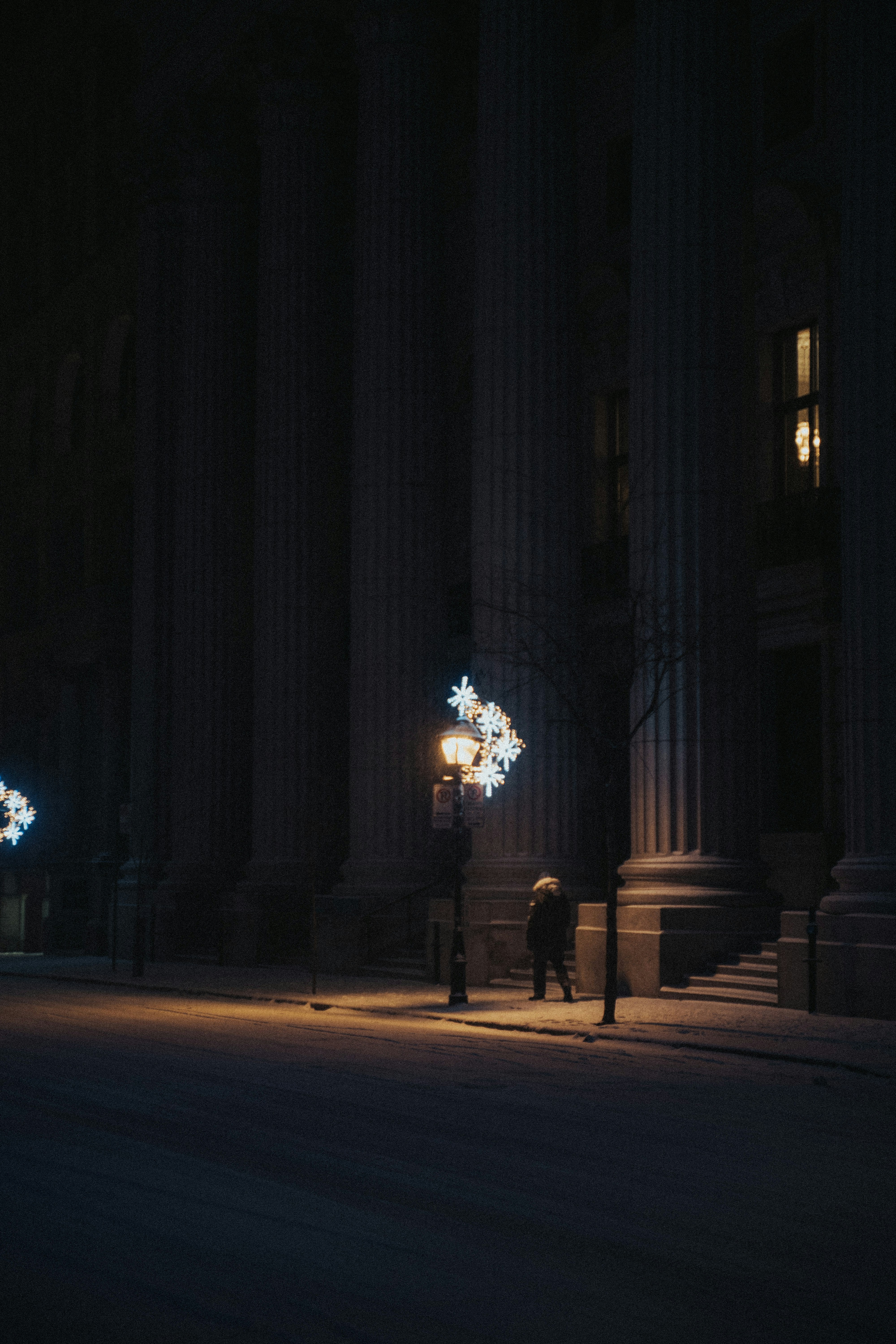 Lone Figure by the Lantern: Snowy Majesty of the Colonnade