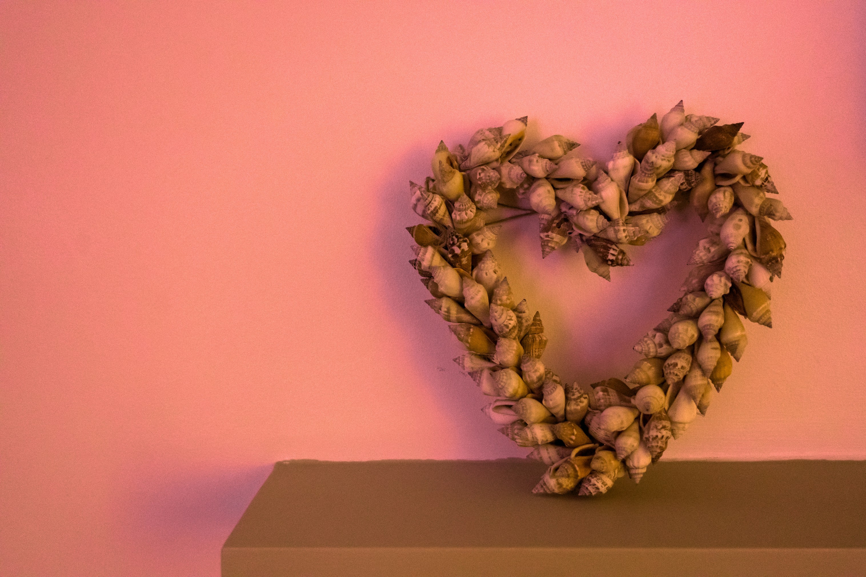 A heart of shells, on a shelf, against a pink wall.
