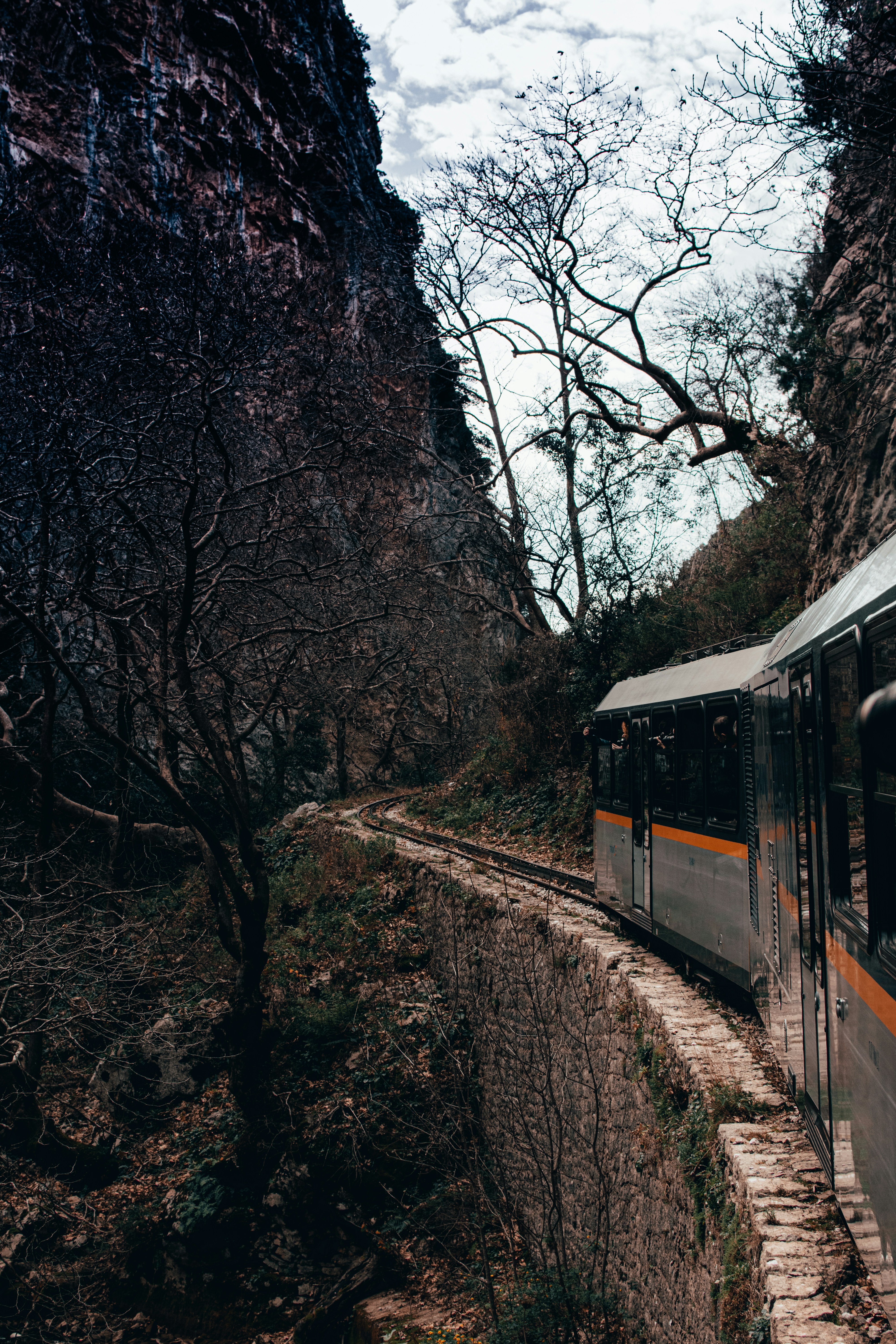 Gorgebound Express: A Silver Train Rounding the Cliffside Curve