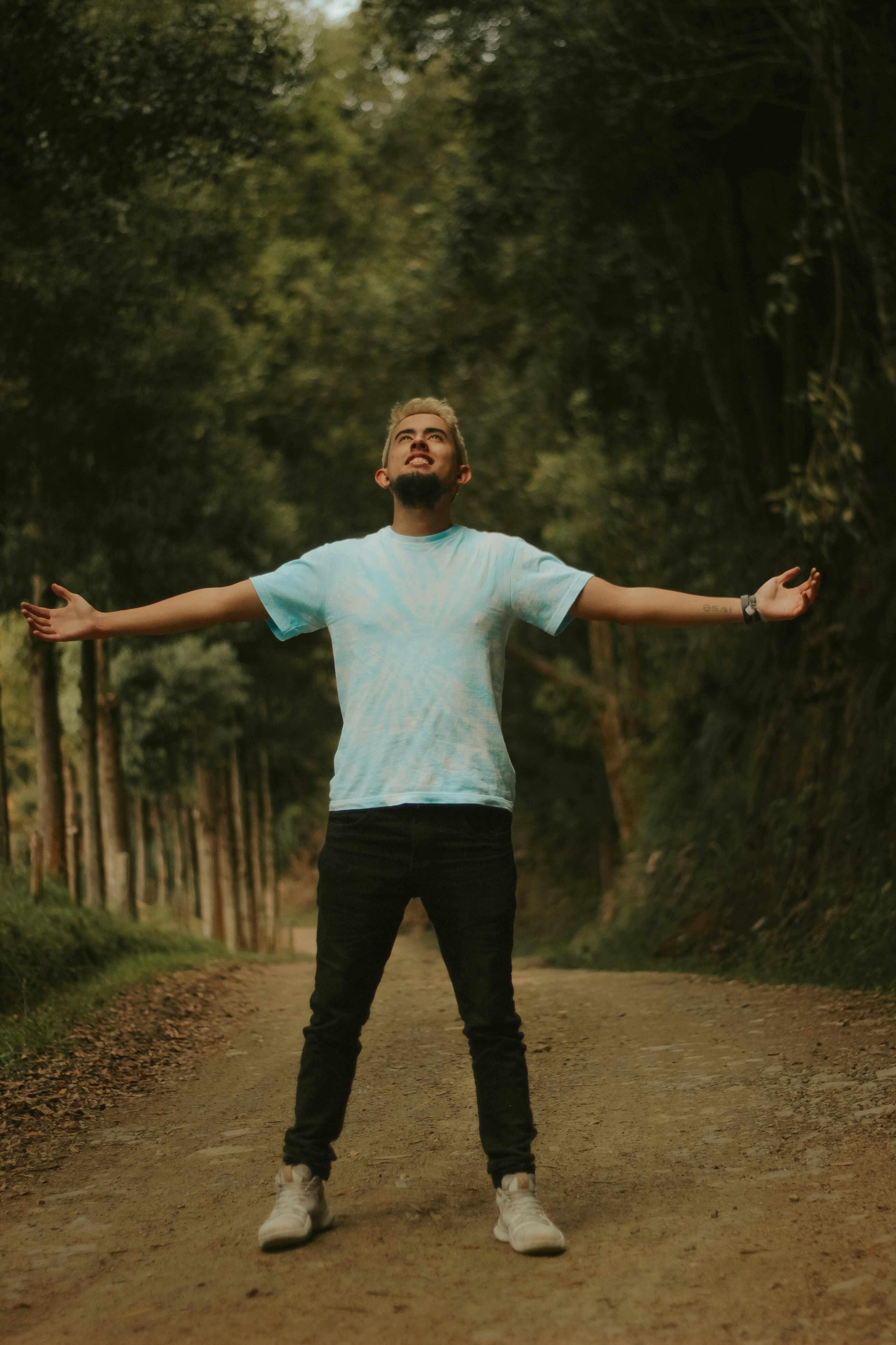 Forest Embrace: A Man Stands on a Sunlit Dirt Trail