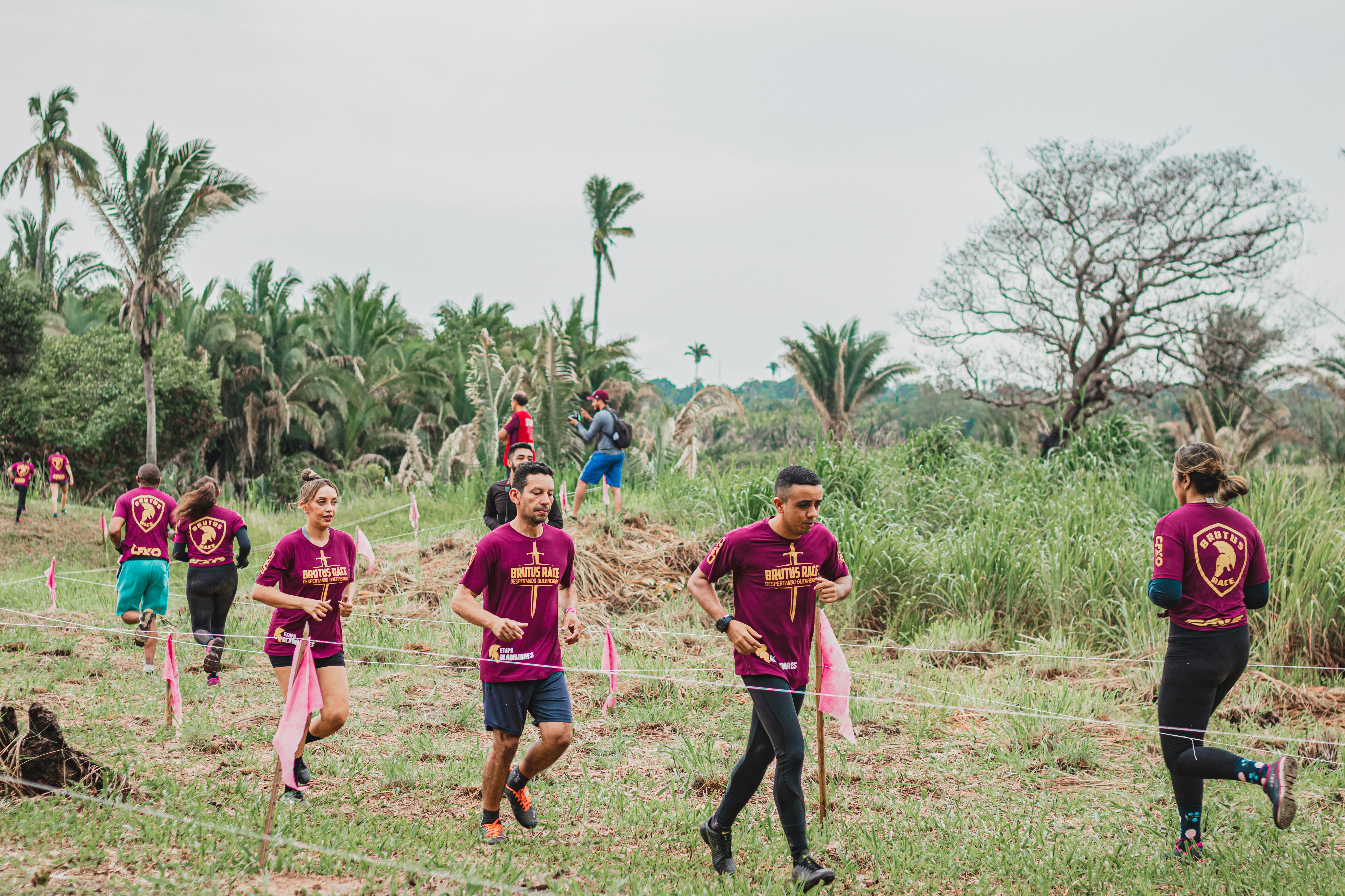 Maroon-clad runners carve a dusty path beneath a palm-lined horizon