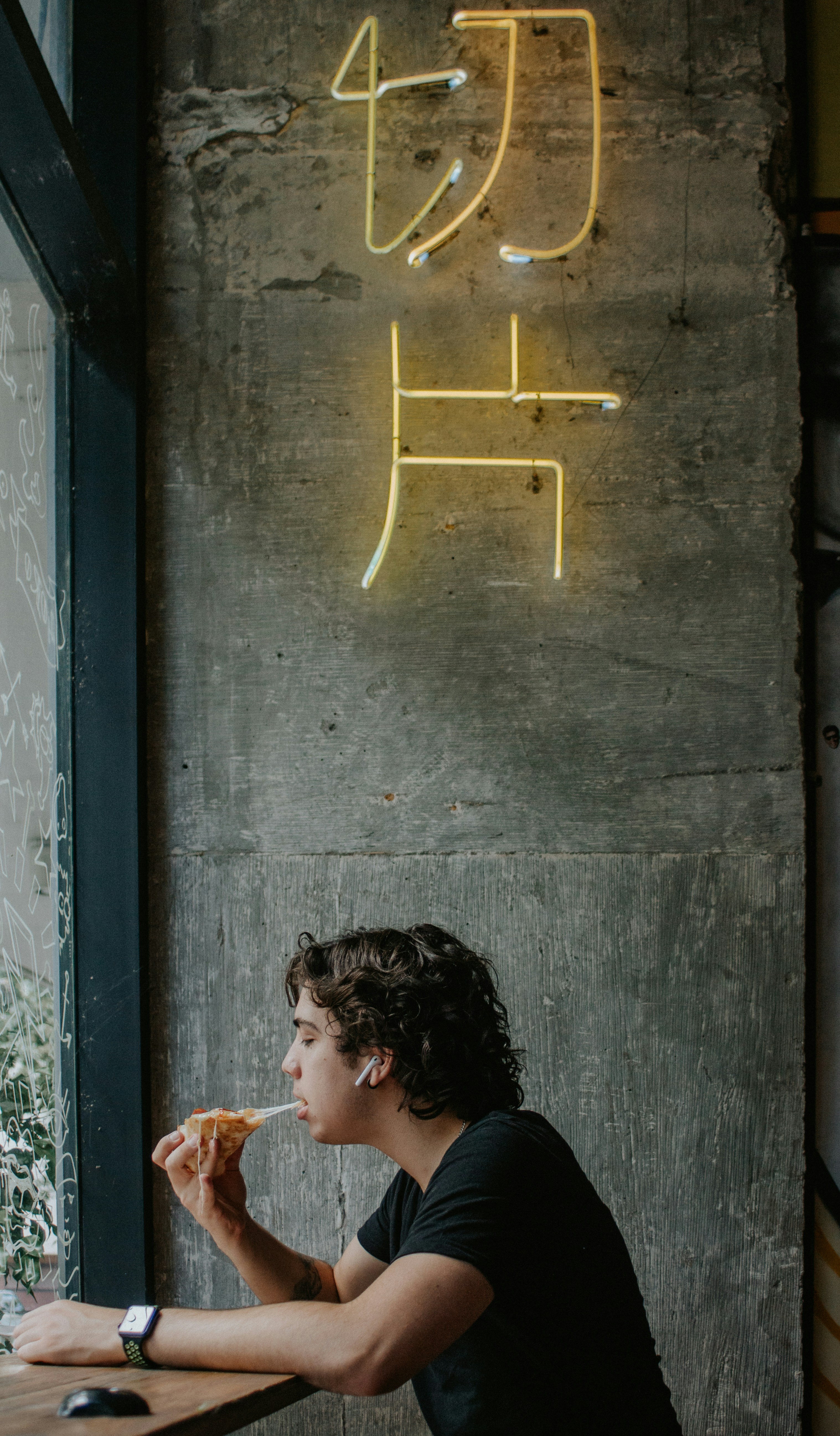 Neon Veil Over a Quiet Café Portrait