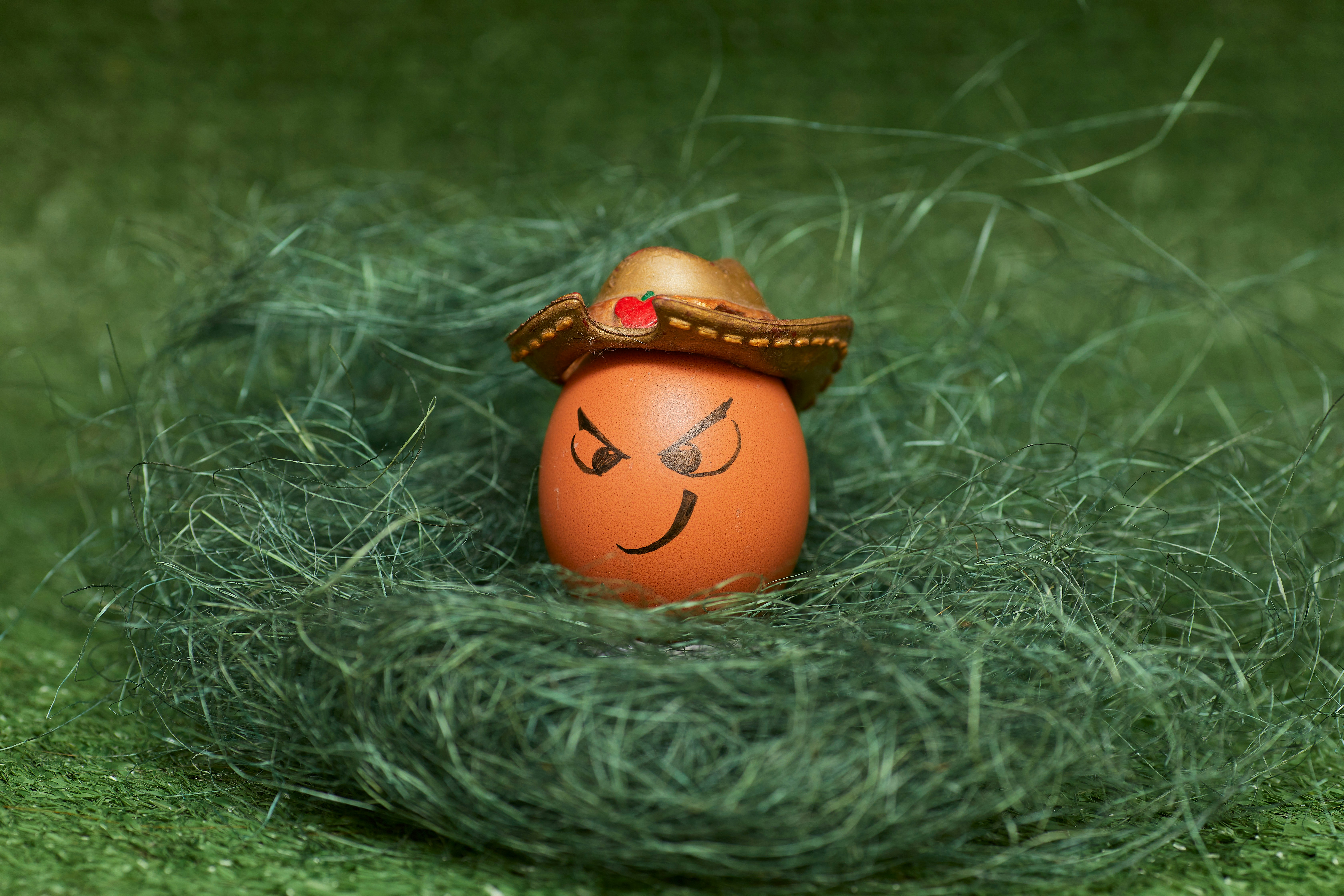An expressive smiling face painted on a chicken egg. Background with an unusual painted chicken egg for experimentation, design, editing or social media