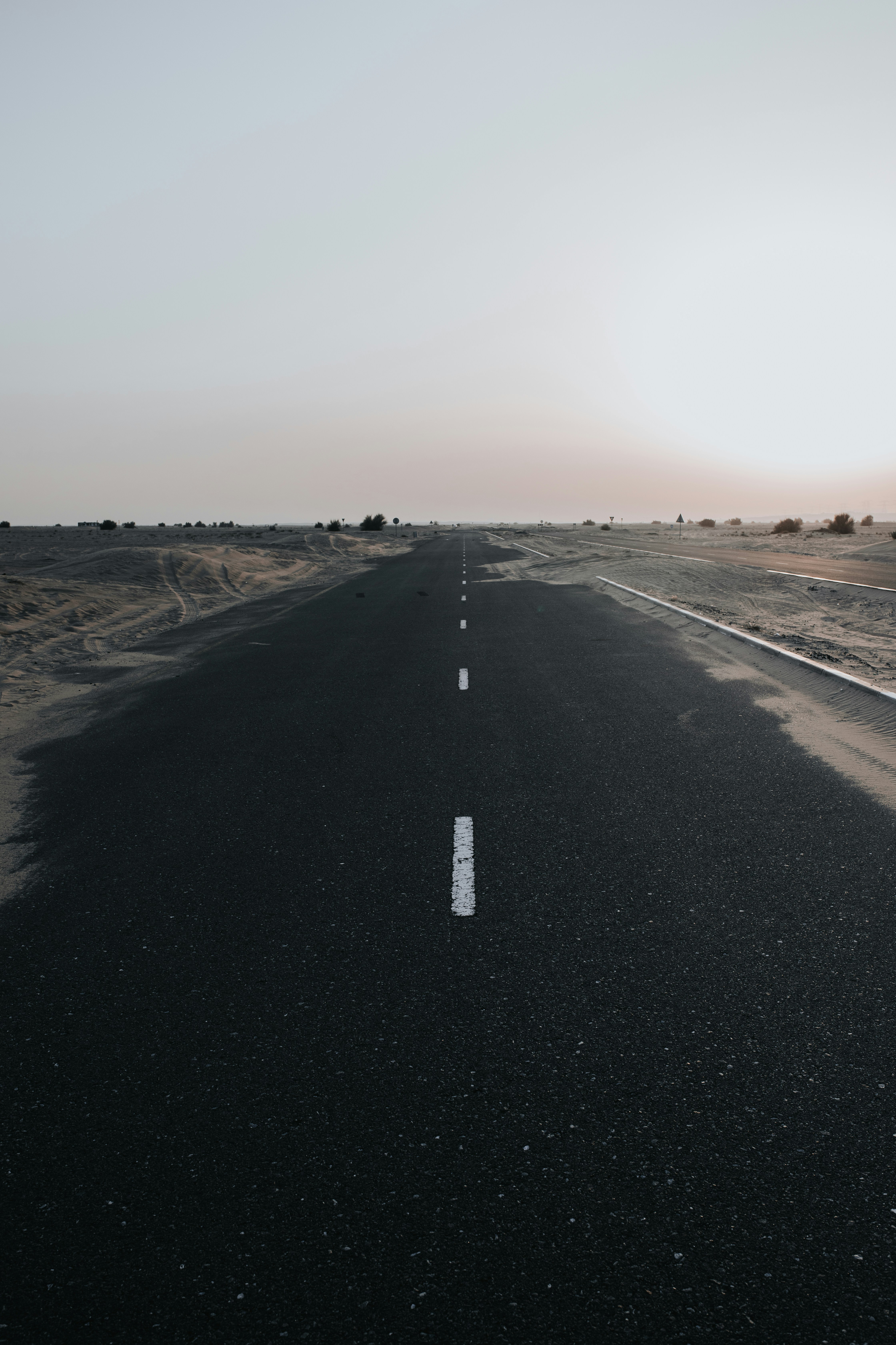 Desert highway stretching into the horizon under a pale sky, emphasizing solitude and adventure.