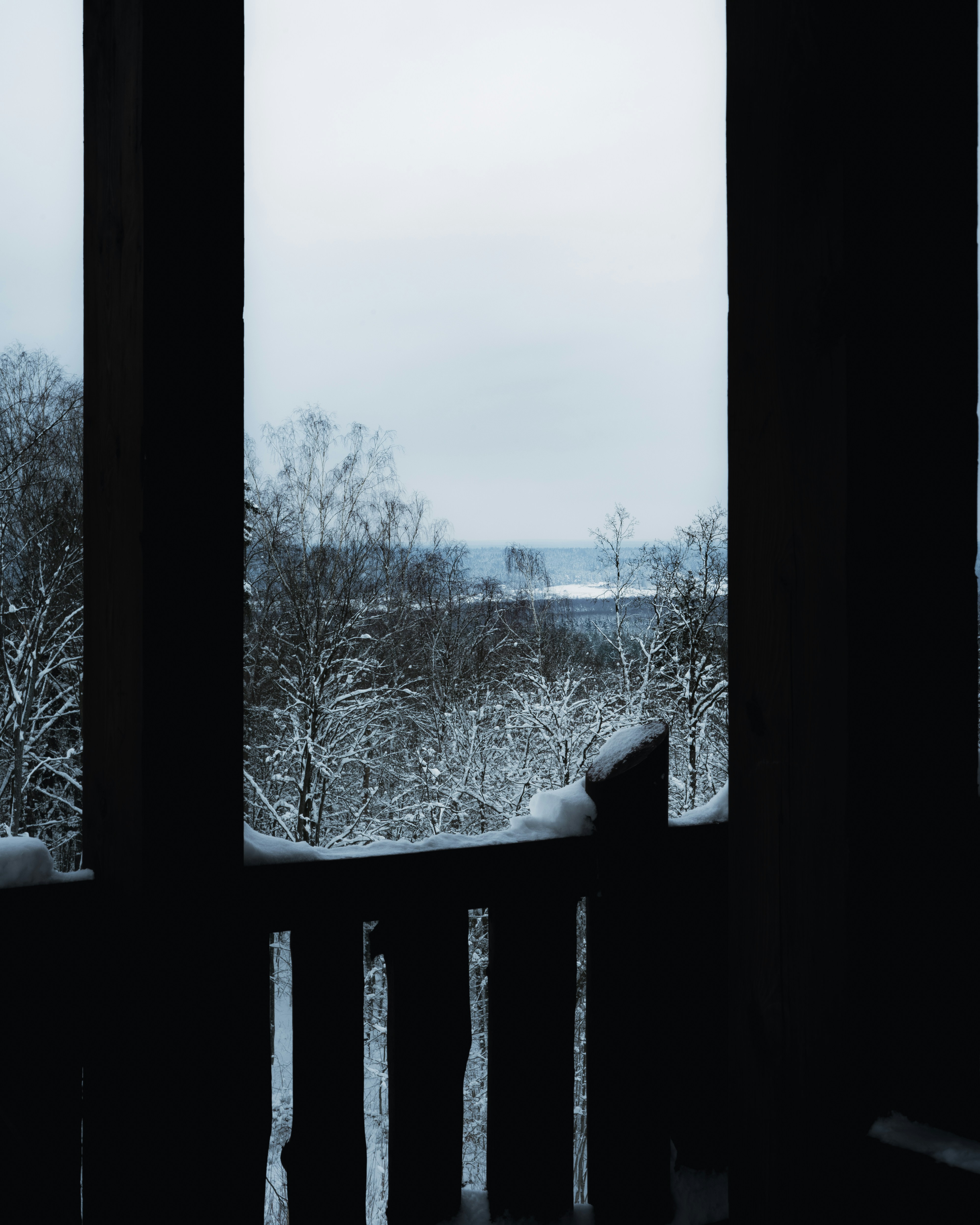 Snow-covered trees visible through the dark silhouette of a wooden balcony railing on a cloudy day.