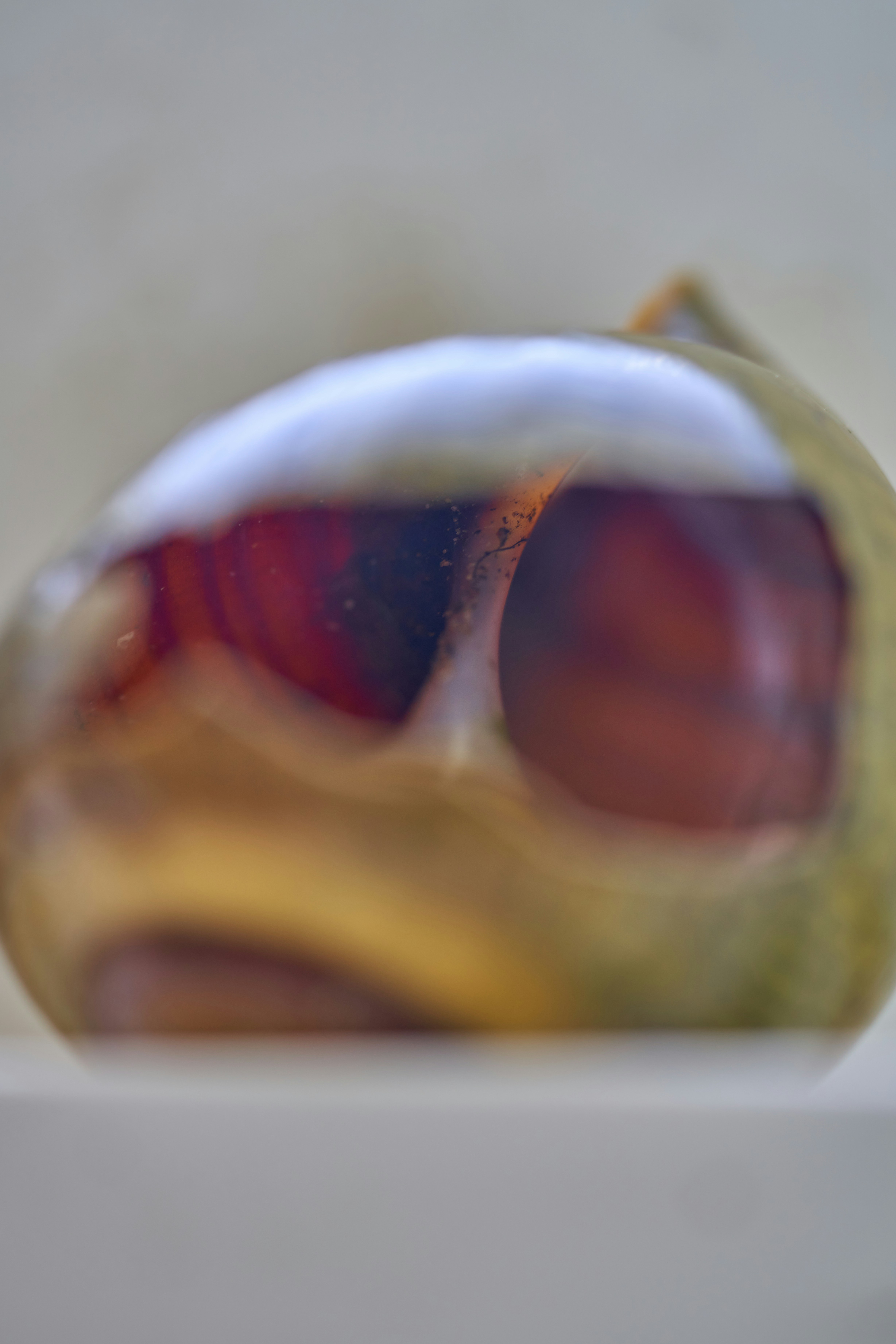 Intricate glass sculpture resembling a natural form, showcasing rich amber and green hues with a soft focus effect.