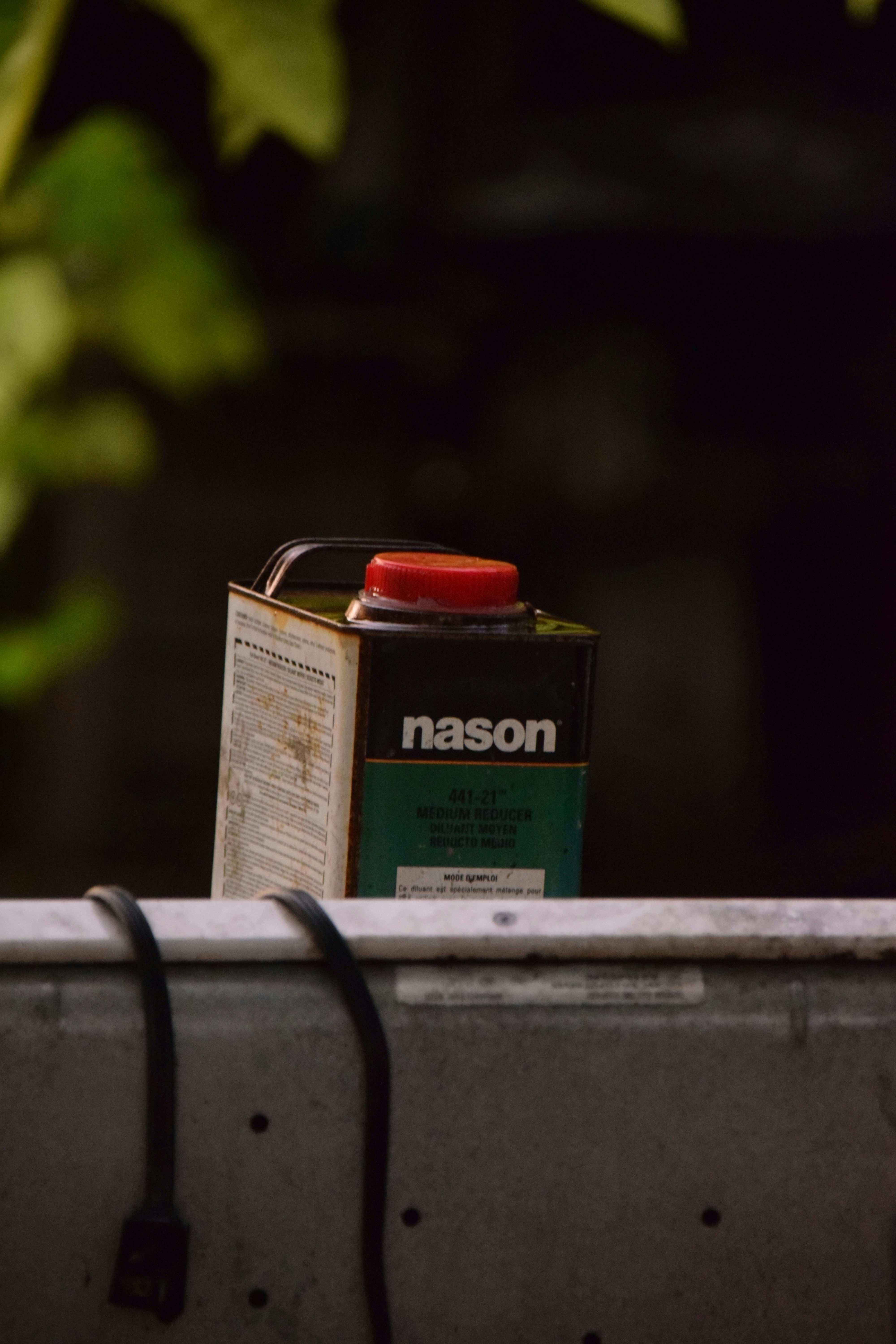 A weathered canister labeled 'nason' sits on a ledge, partially obscured by foliage, evoking a sense of neglect and mystery.