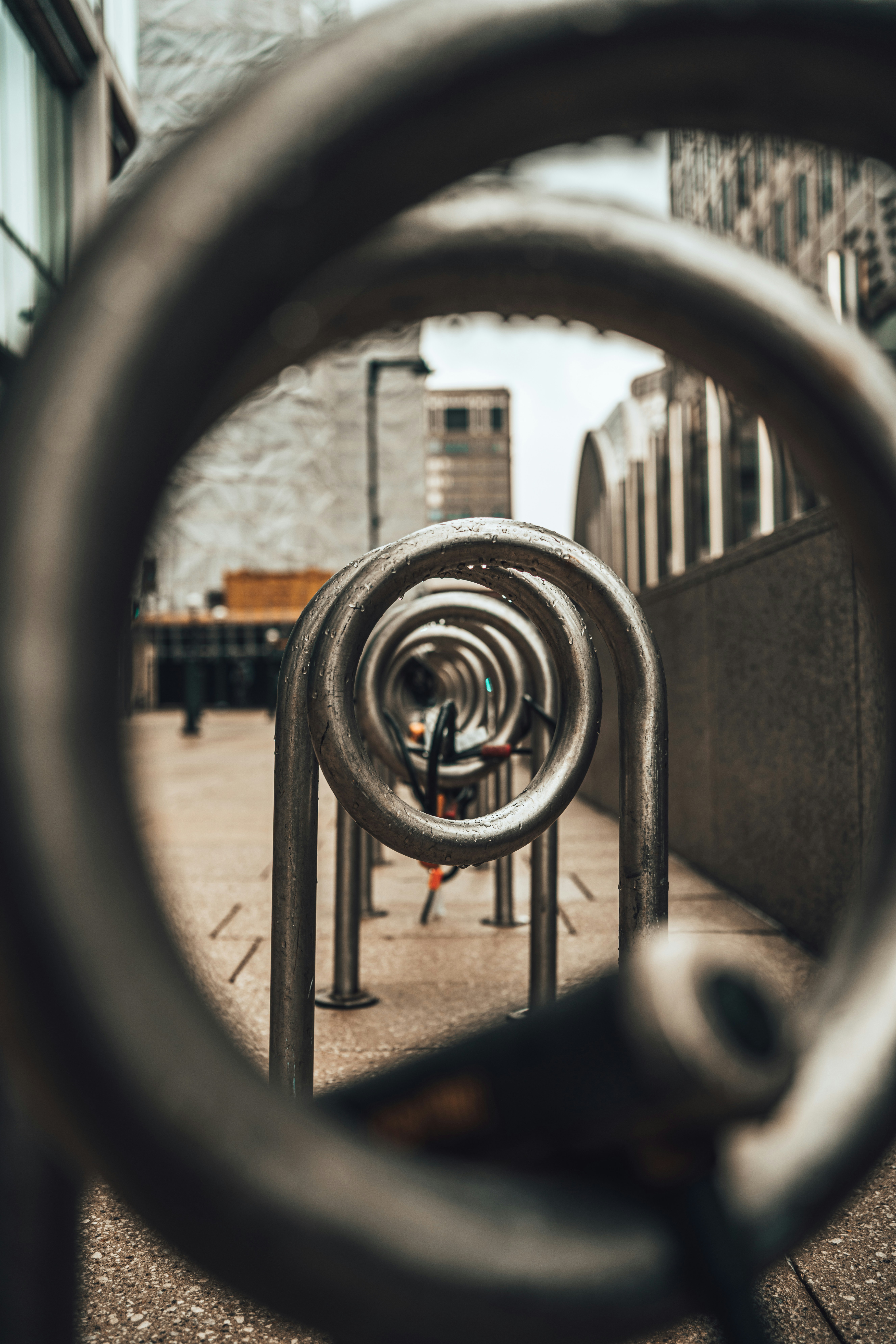 Circular Railings Recurring: A Tunnel of Metal Loops in an Urban Corridor
