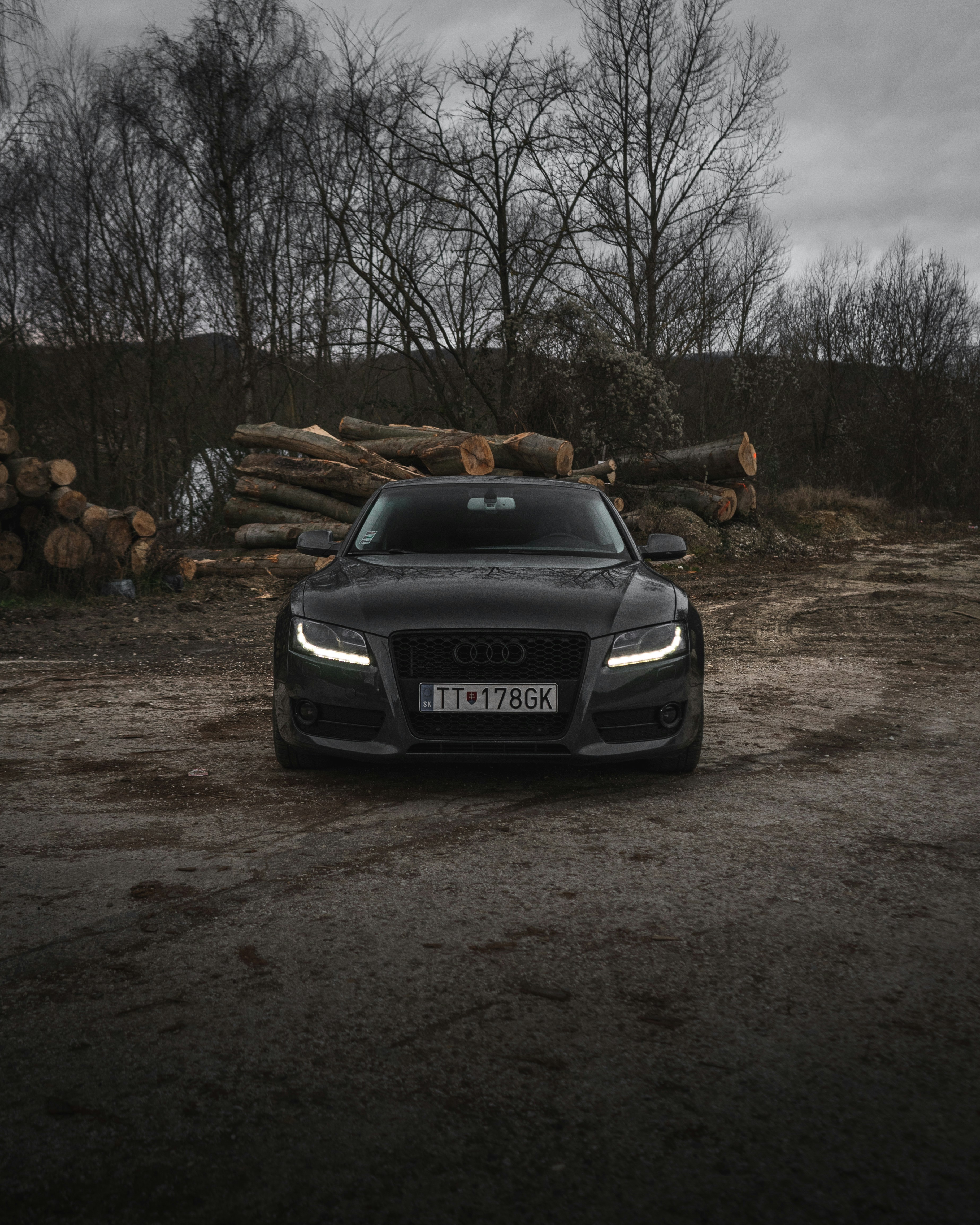 Cold-Fronted Audi Beneath a Log Stack: Headlights Cutting Through Overcast