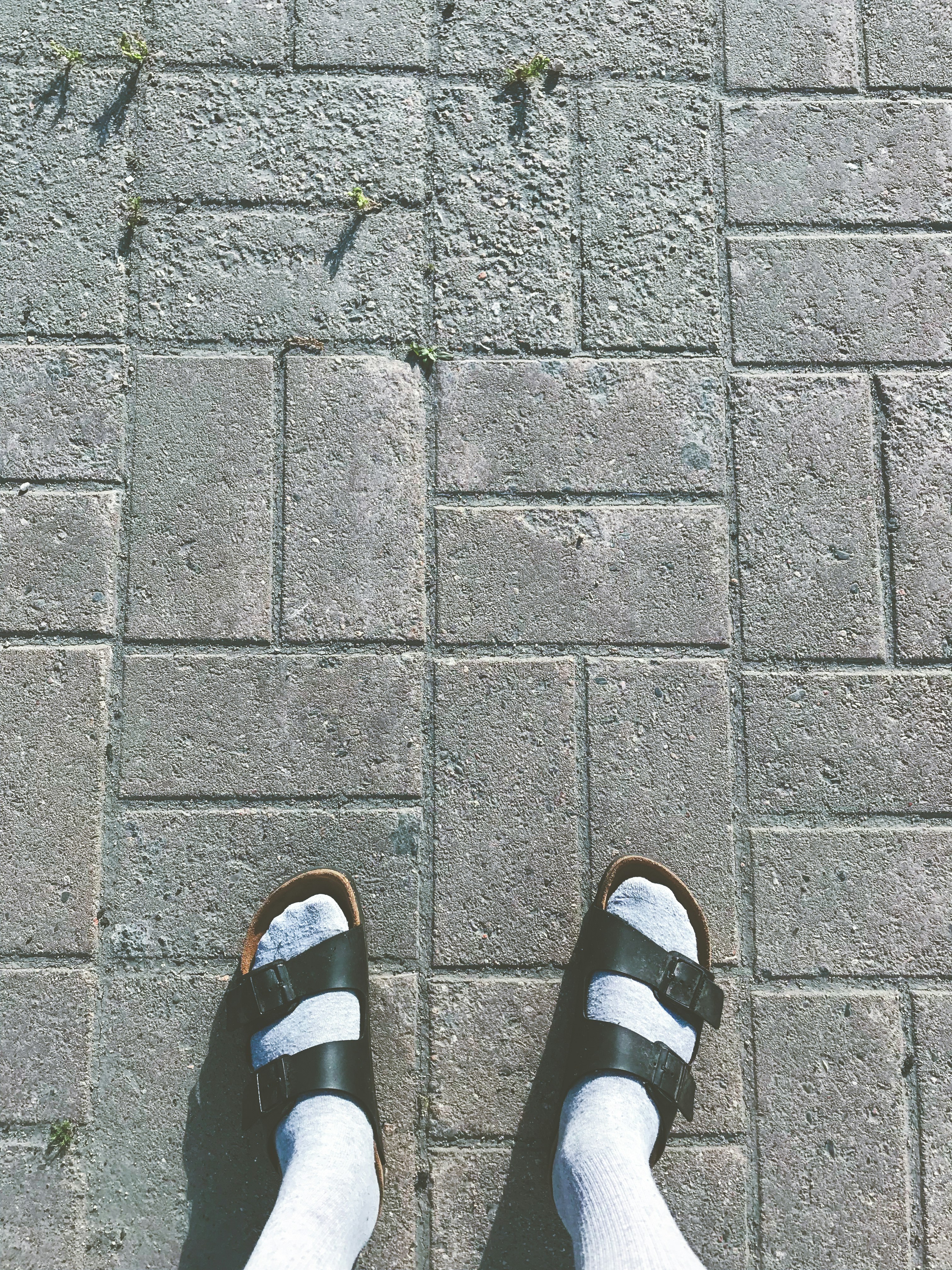 person wearing black and white slide sandals