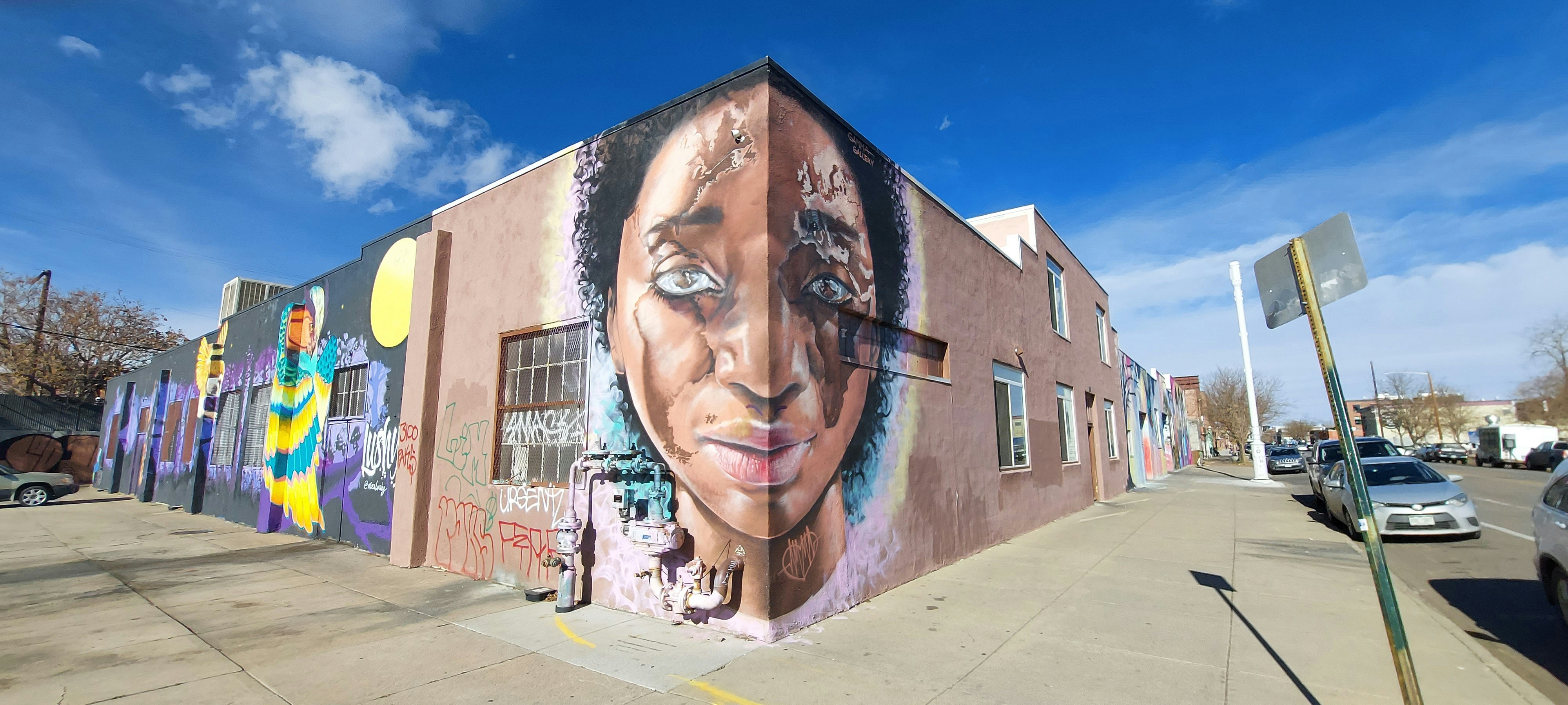 Vibrant mural depicting a serene face on a brick building under a blue sky.