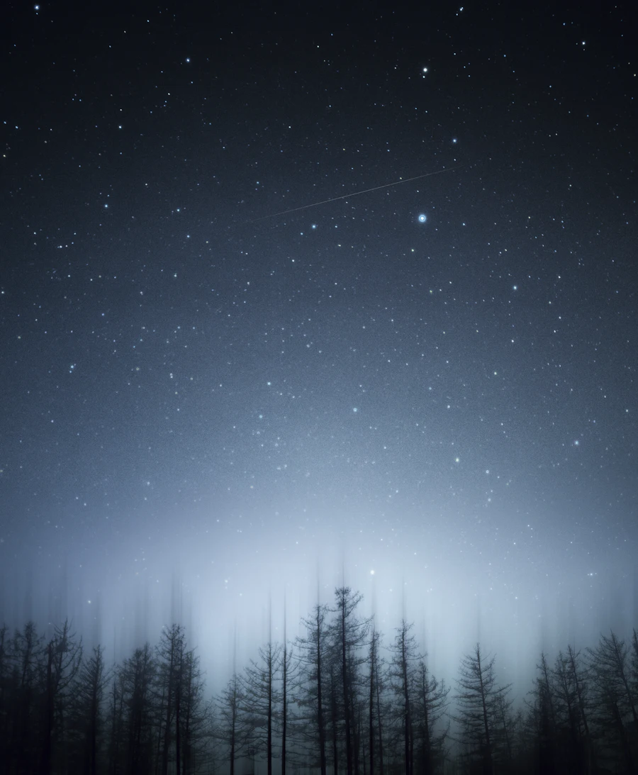 Tall, bare trees silhouette against a glowing fog bank beneath a star-filled night sky. A faint streak crosses the upper sky.
