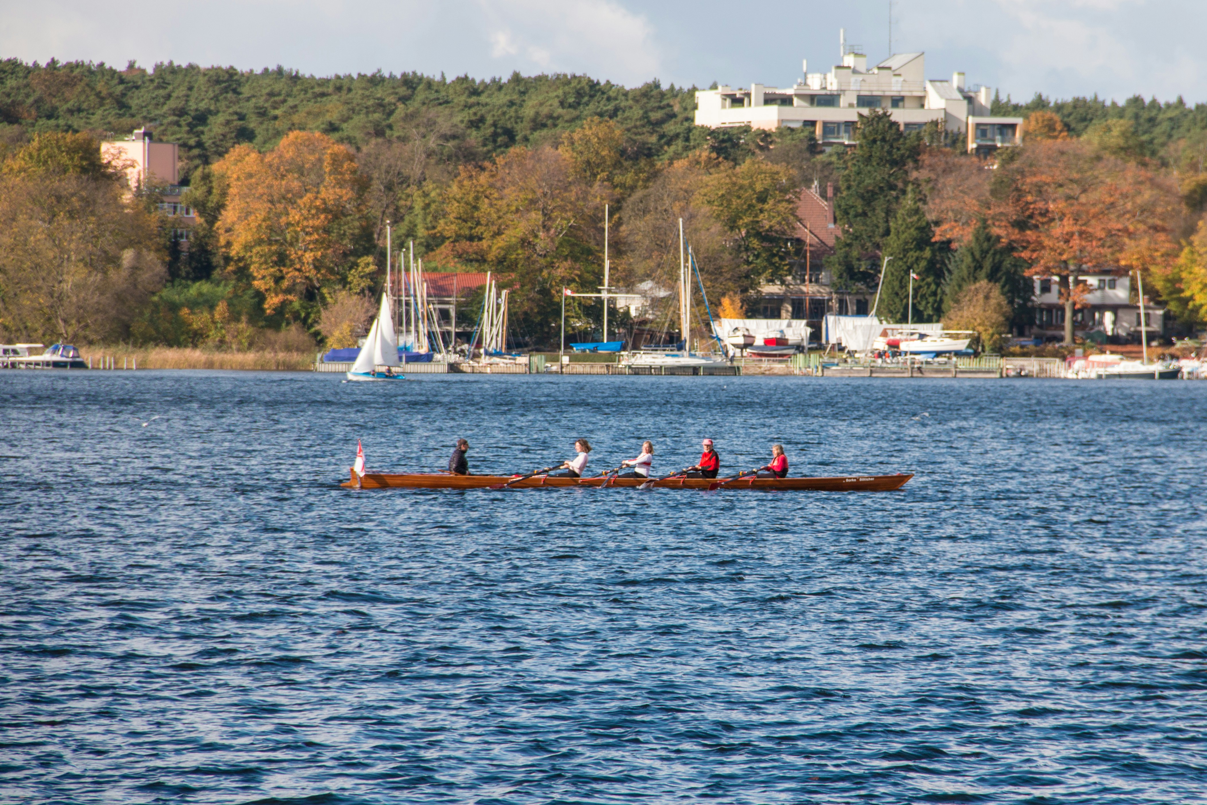 Five-Rower Dragon Boat Skims a Quiet Lake Beneath Autumn Trees