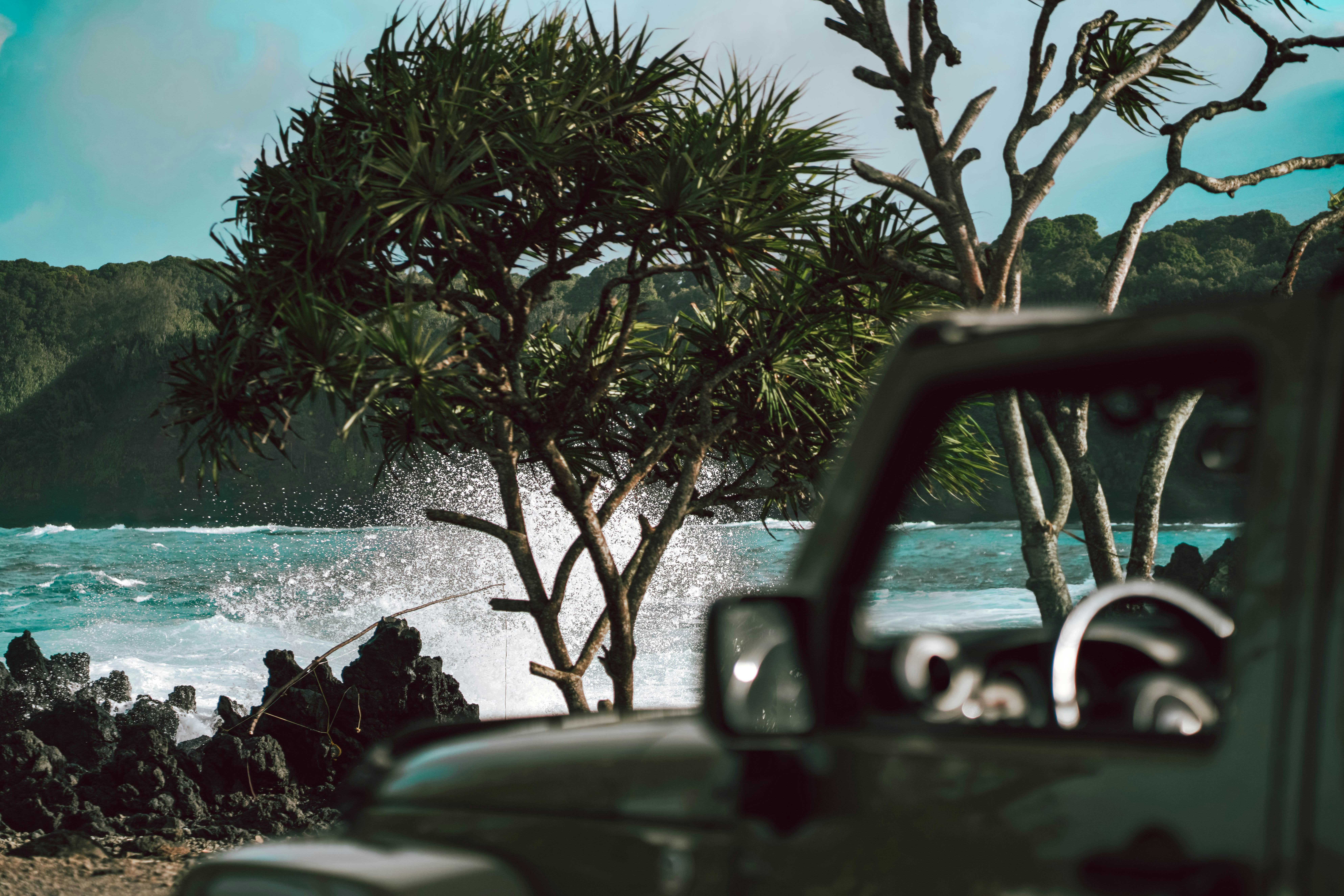 Waves crashing against rocky shore with a Jeep in the foreground, framed by tropical foliage. The scene captures a tranquil coastal moment.