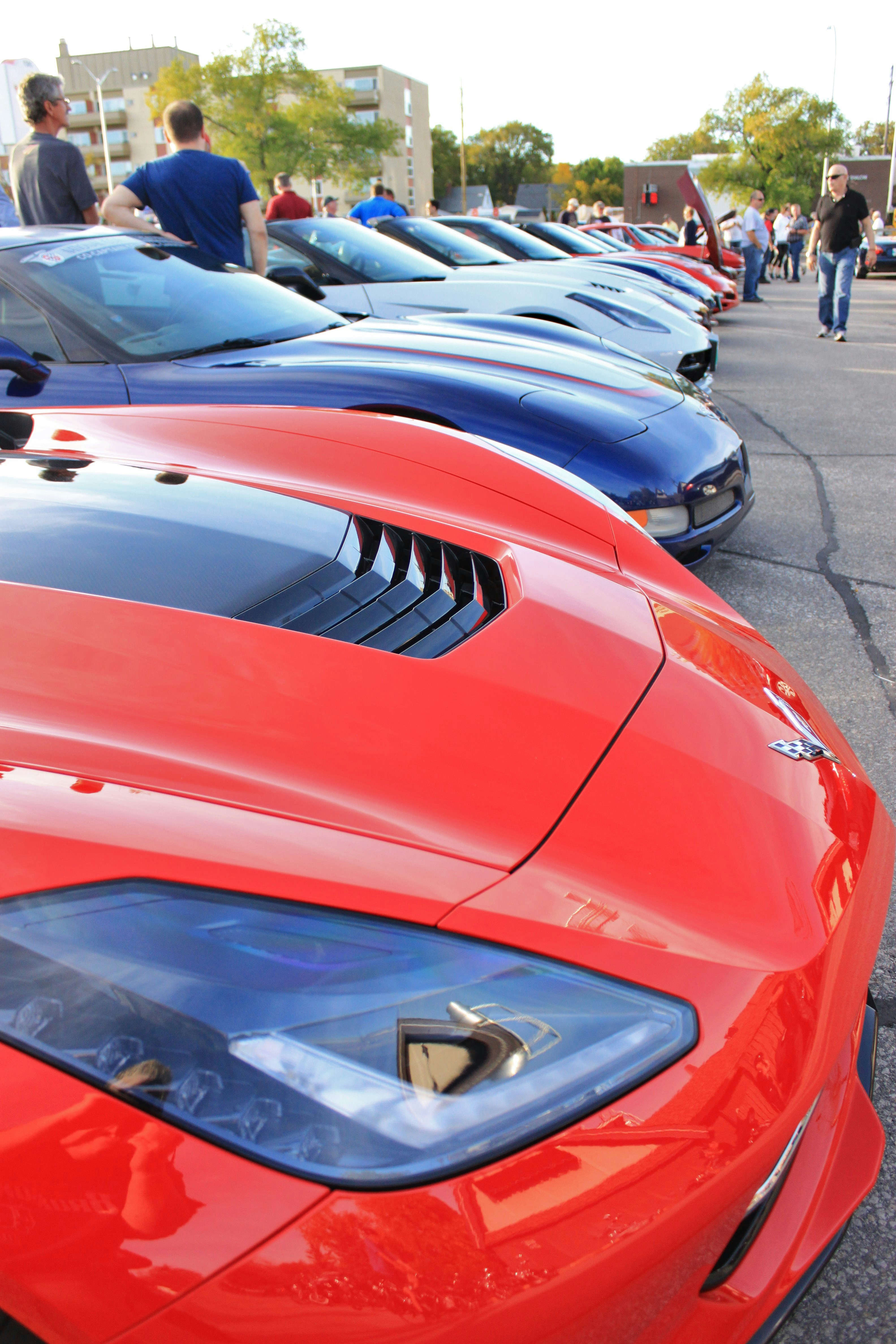 Row of sleek sports cars parked at an event, showcasing vibrant colors and dynamic lines. The focus is on a striking red vehicle in the foreground.