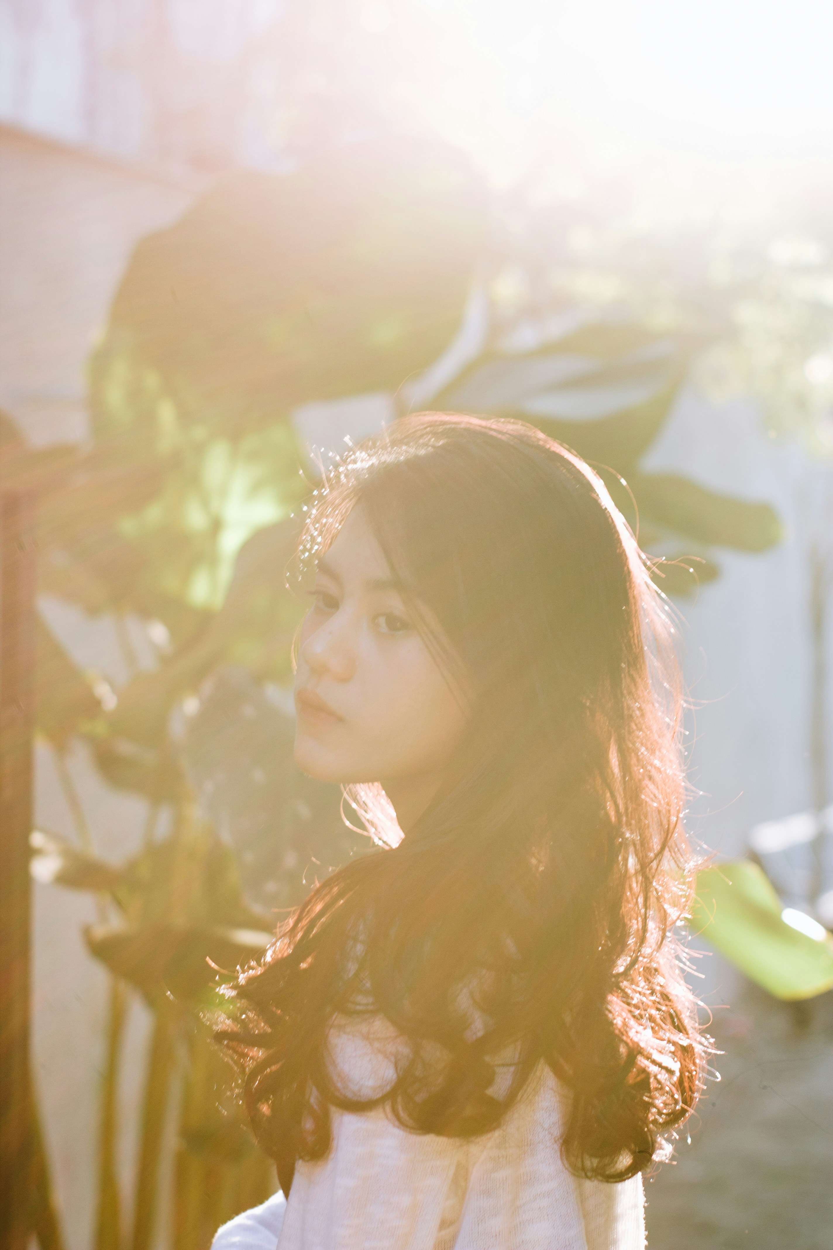 A young woman gazes over her shoulder, illuminated by soft sunlight filtering through lush greenery. The warm tones create a serene atmosphere.