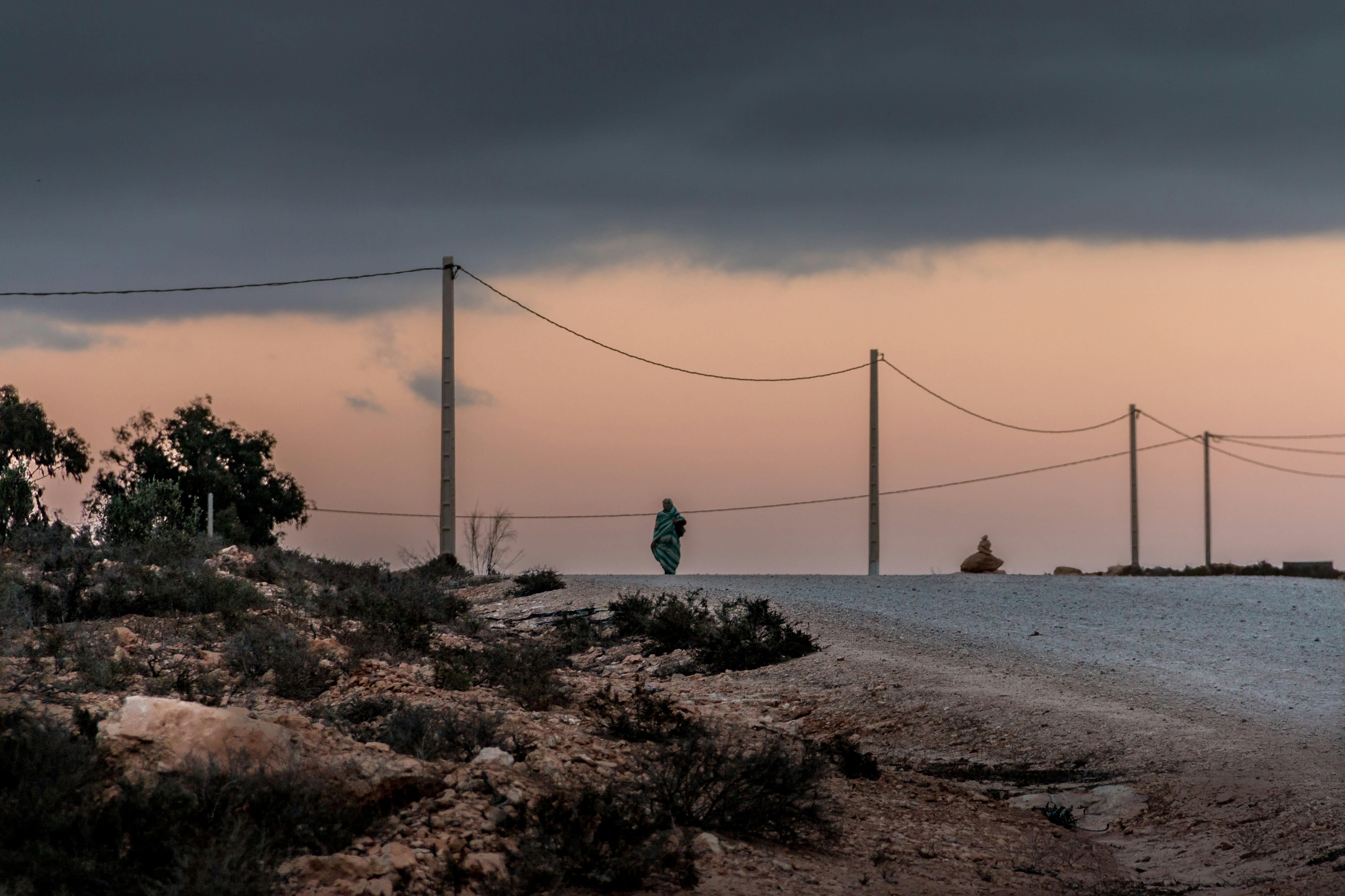 A figure walks along a gravel road beneath a moody sky, framed by distant utility poles and sparse vegetation. The scene evokes a sense of solitude and quiet contemplation.