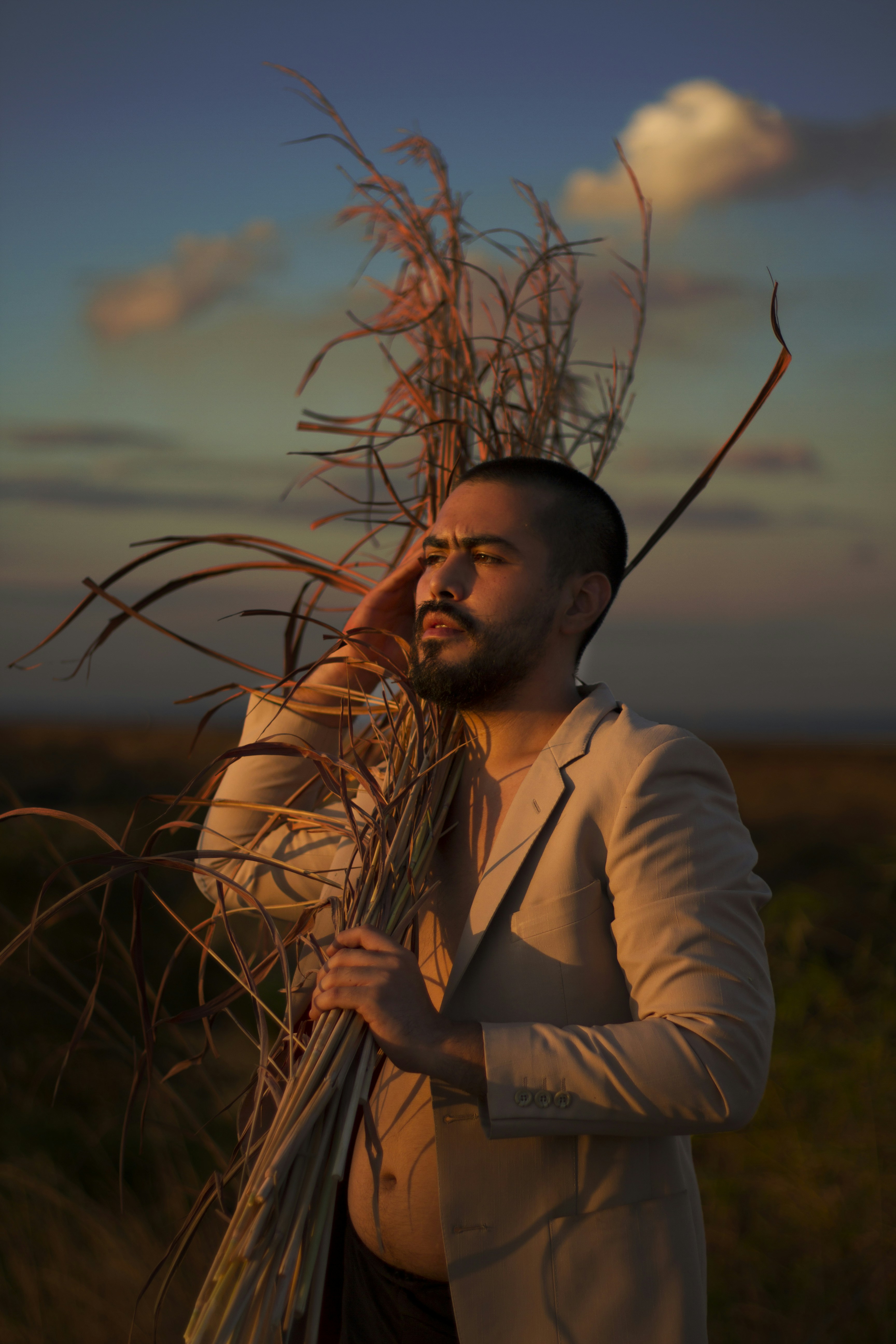 Emberlight Reed Portrait: A Man and Dried Grass in Golden Hour