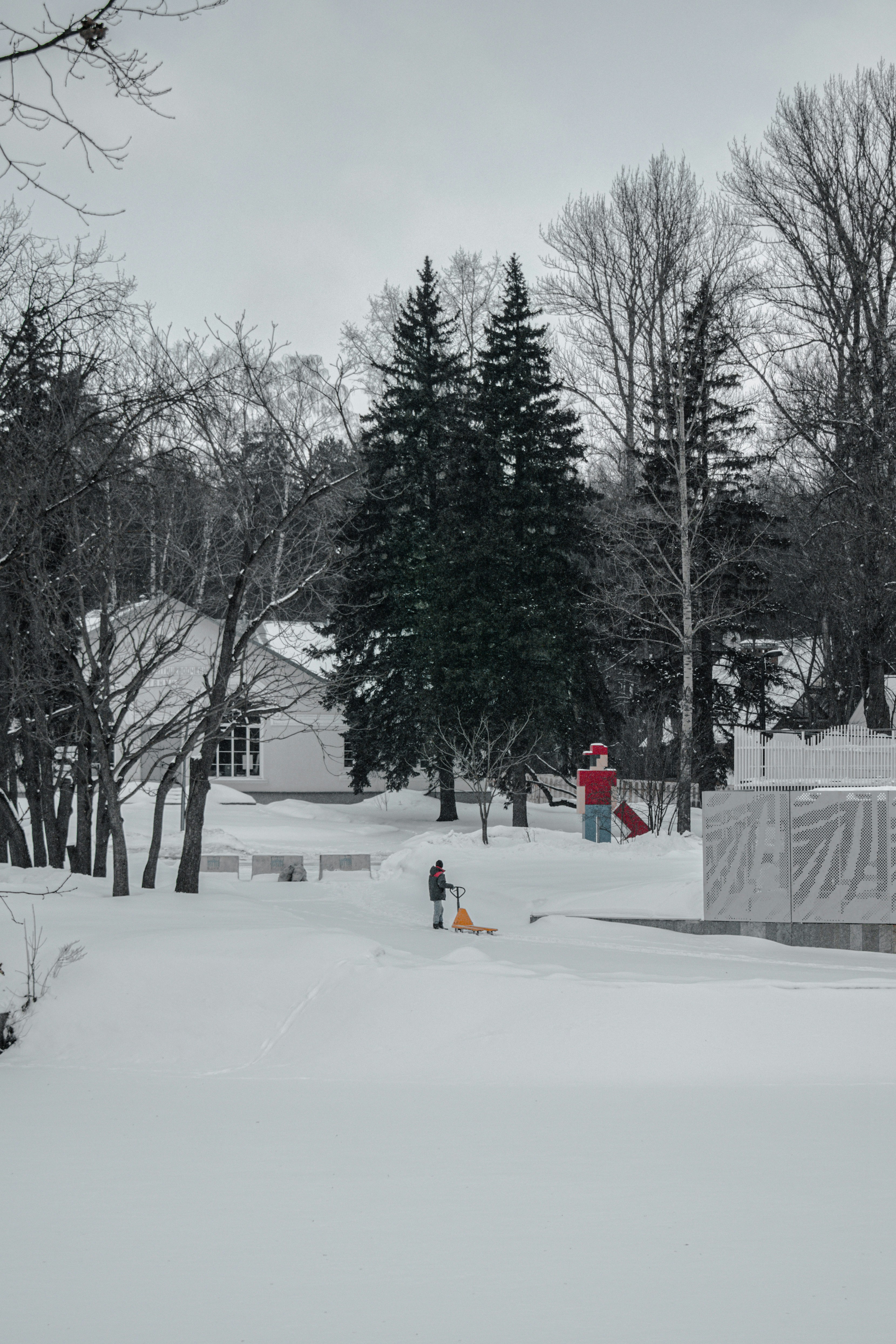 A person shoveling snow in a serene landscape dotted with evergreens and a distant red structure. The scene captures the essence of winter's stillness.