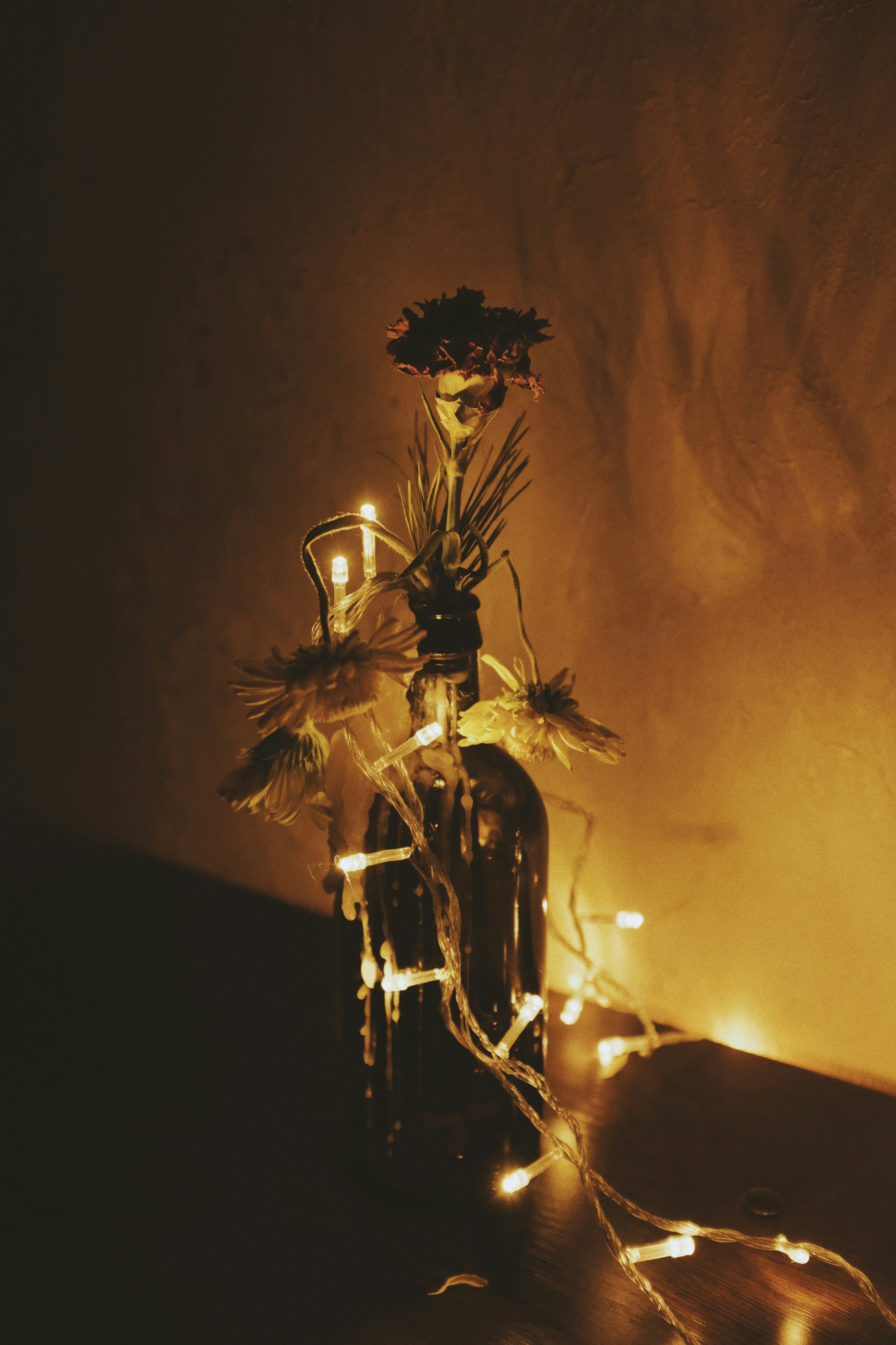 Glass bottle wrapped in fairy lights with flowers emerging, casting soft shadows on a warm-toned wall.