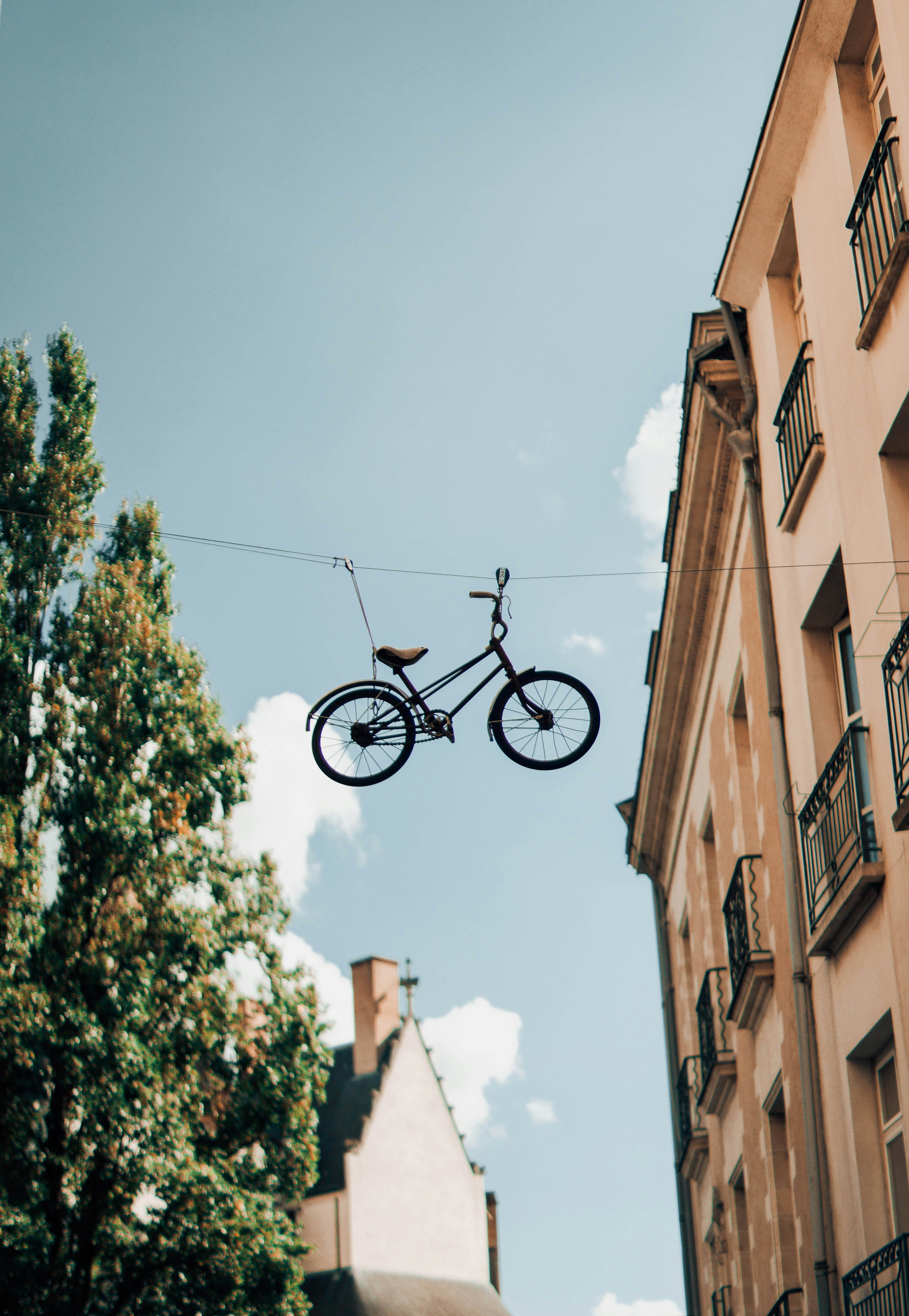 A bicycle hangs from a wire above a charming street, framed by leafy trees and historic buildings. The scene captures a playful blend of urban art and everyday life.