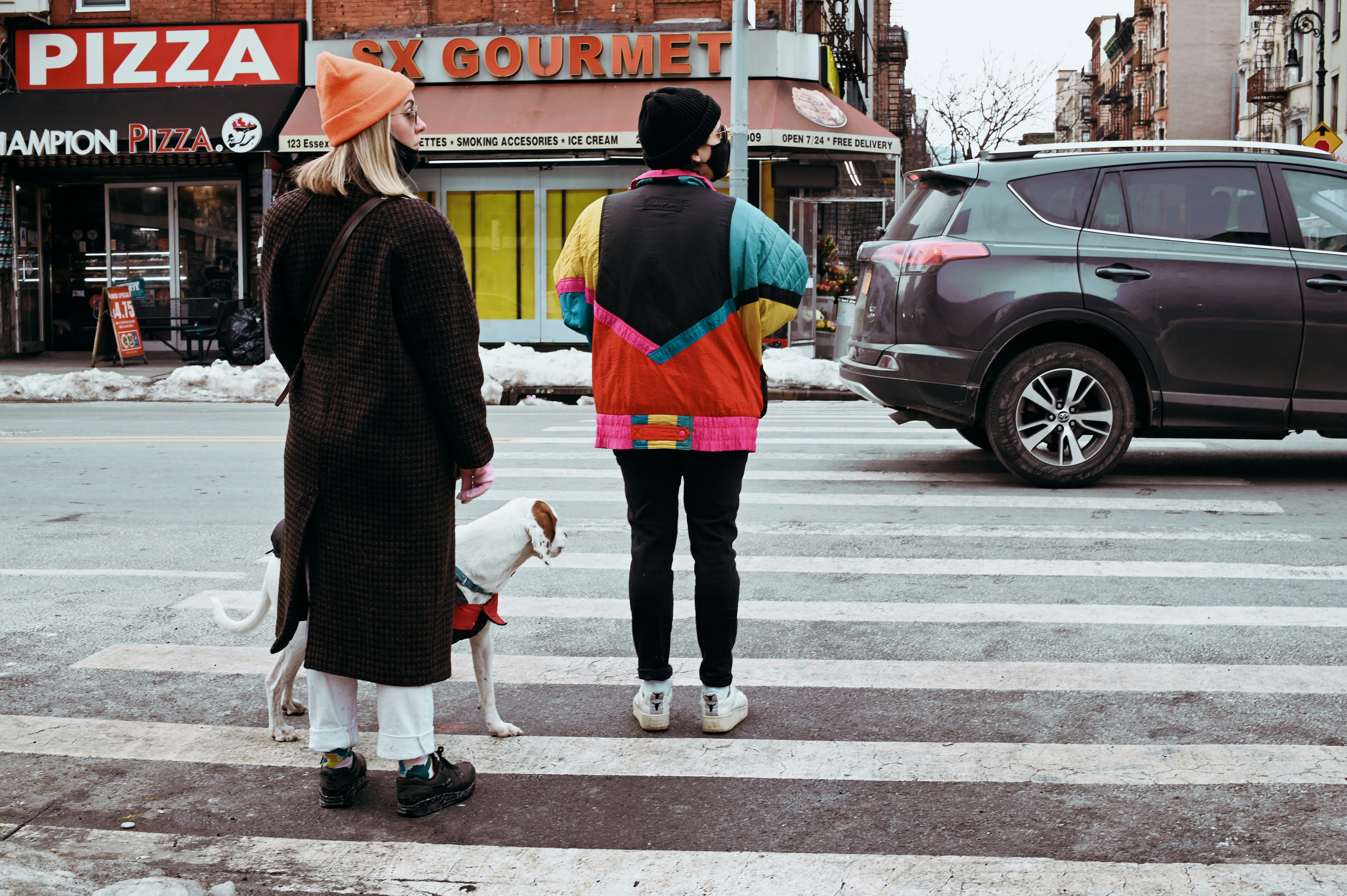 Two individuals stand at a crosswalk with a dog, surrounded by urban storefronts. Their vibrant outfits contrast with the muted city backdrop.