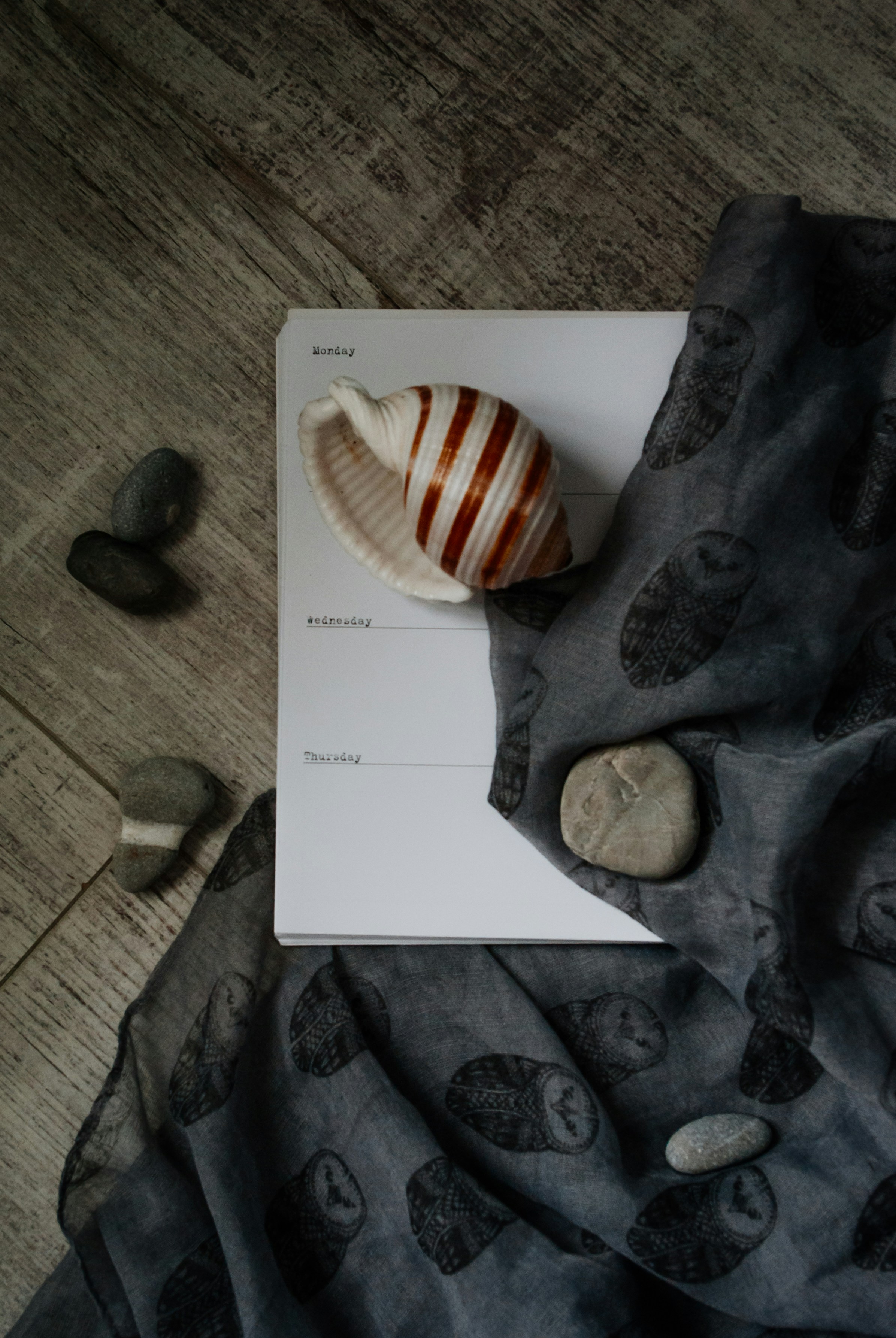 A striped seashell rests atop a planner, surrounded by smooth pebbles and a textured scarf. The composition evokes a sense of calm and contemplation.