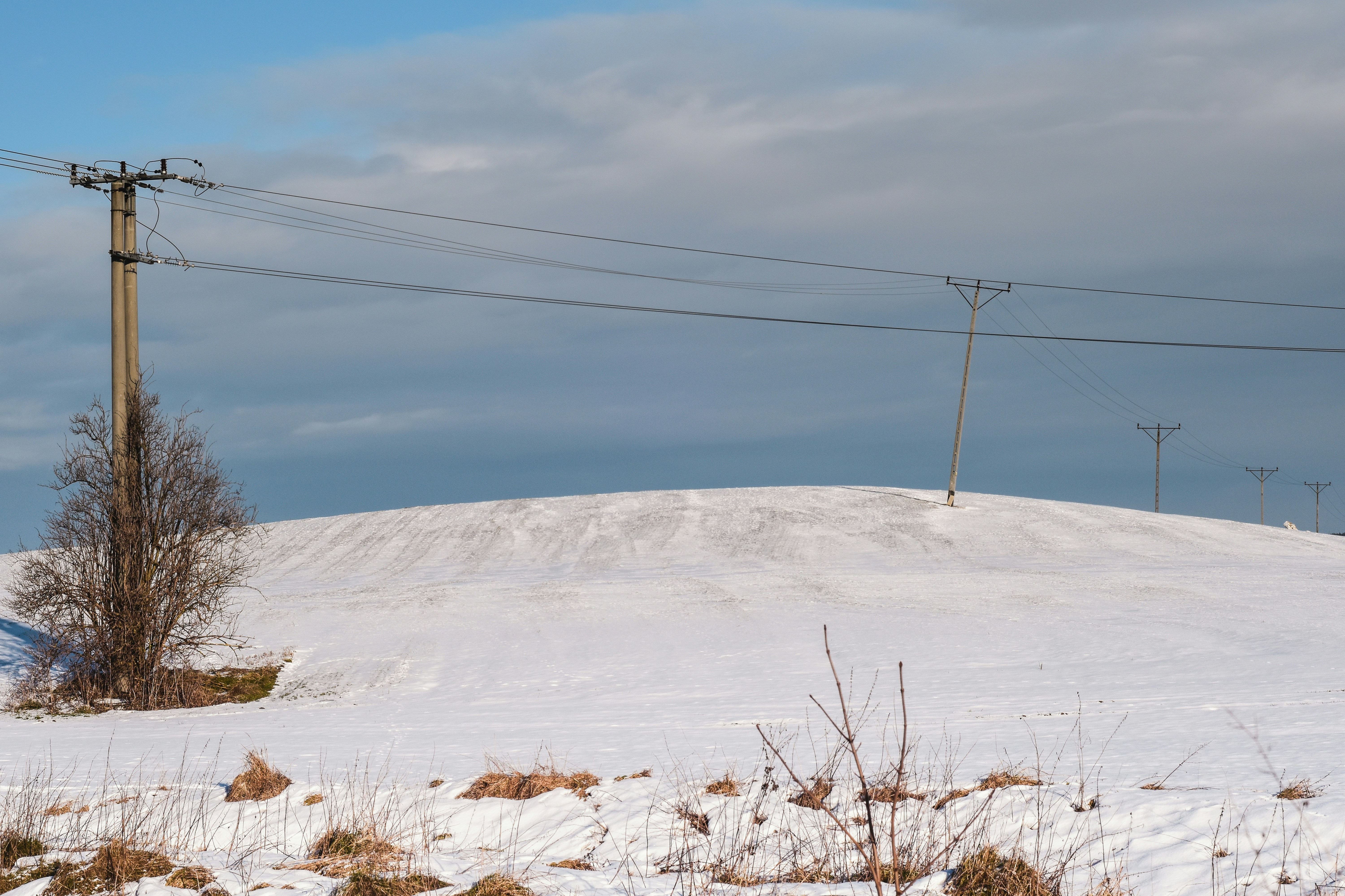 A snow-covered hill under a cloudy sky, with power lines stretching across the scene and a solitary tree nearby.