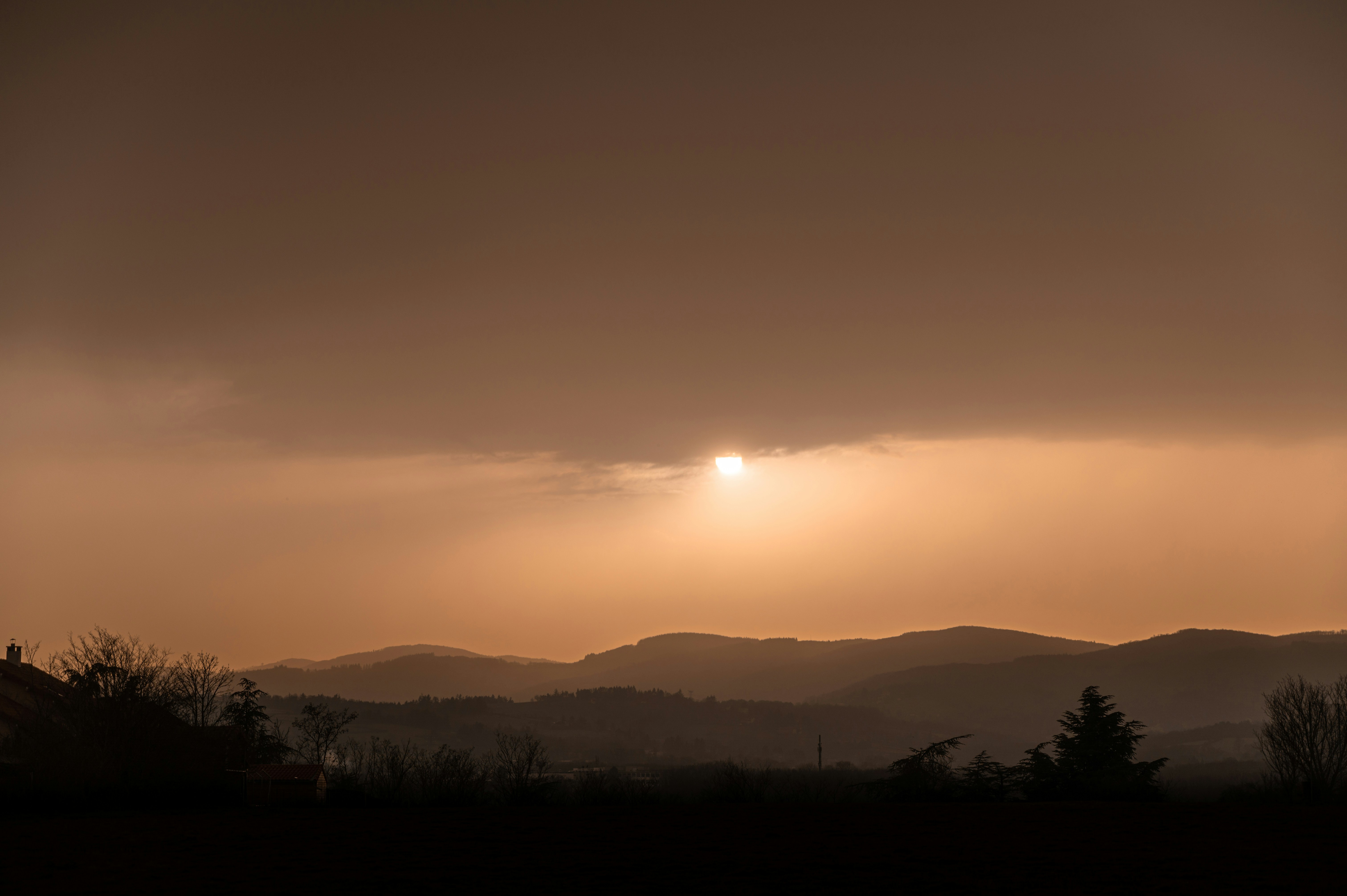 Silhouetted trees and hills under a muted sunset sky.