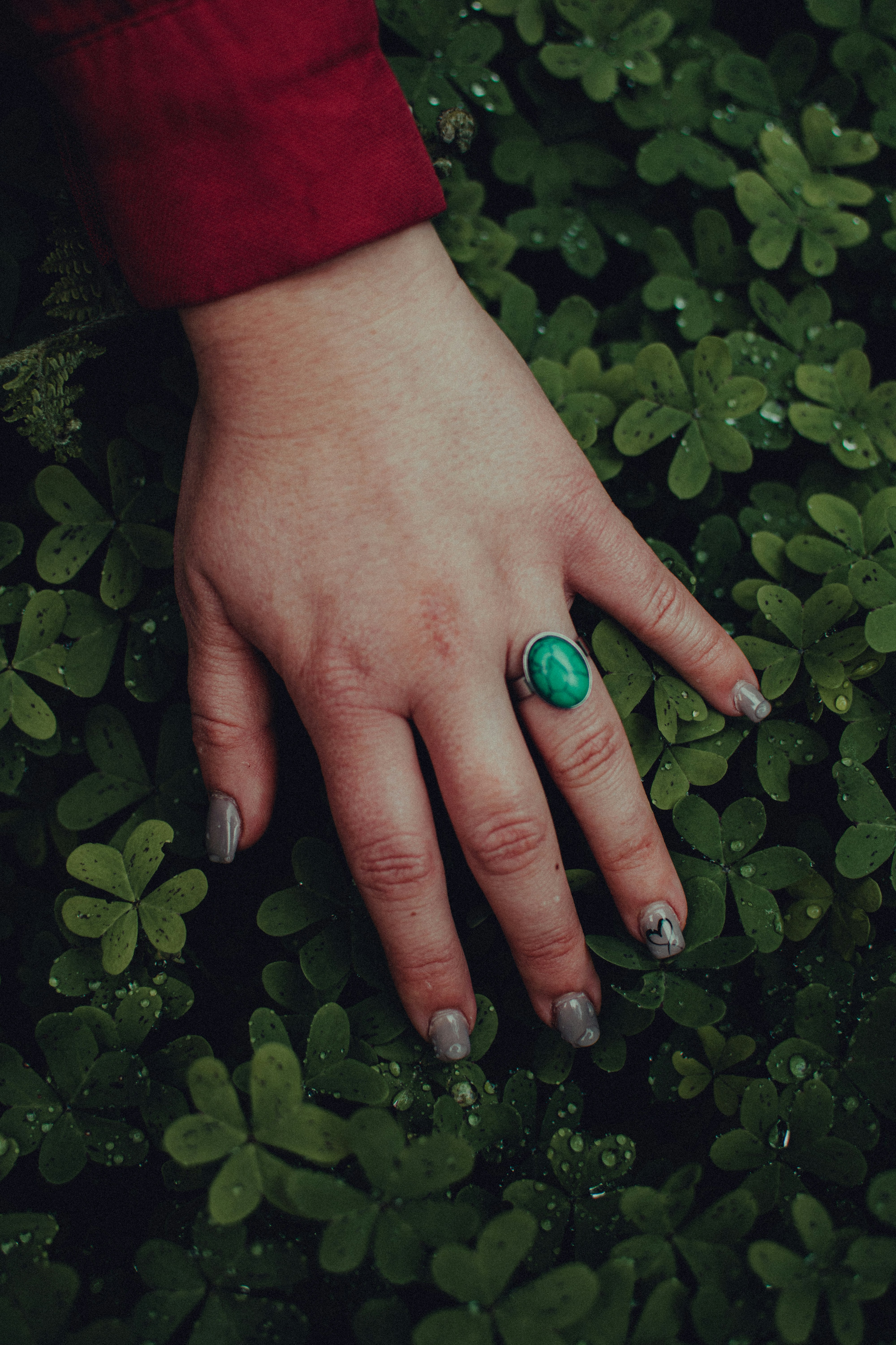 Emerald Ring on Clover: A Quiet Close-Up of Green and Skin