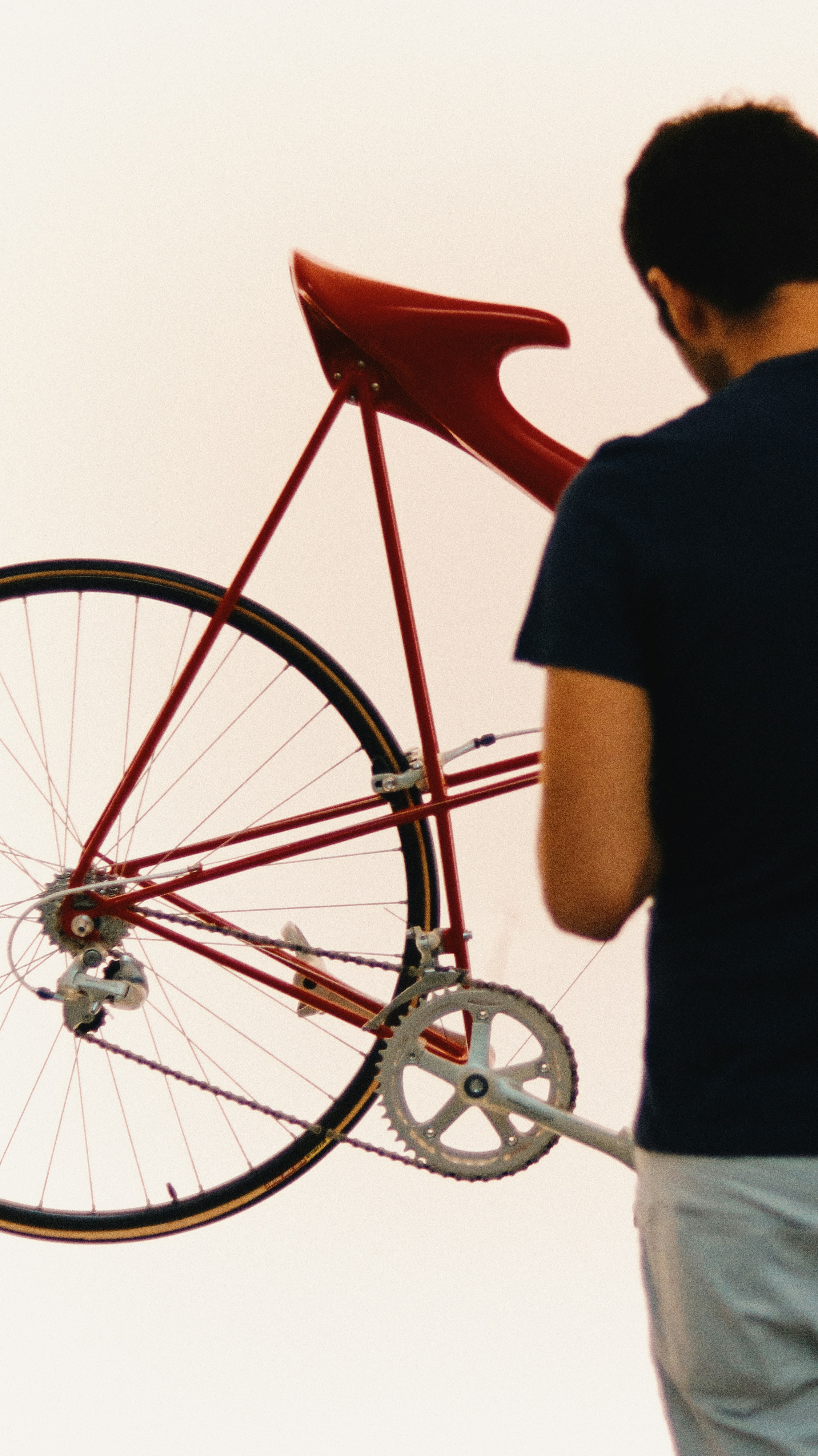 Unfinished Ride: A Red Bicycle Frame Framed Against a Quiet Figure