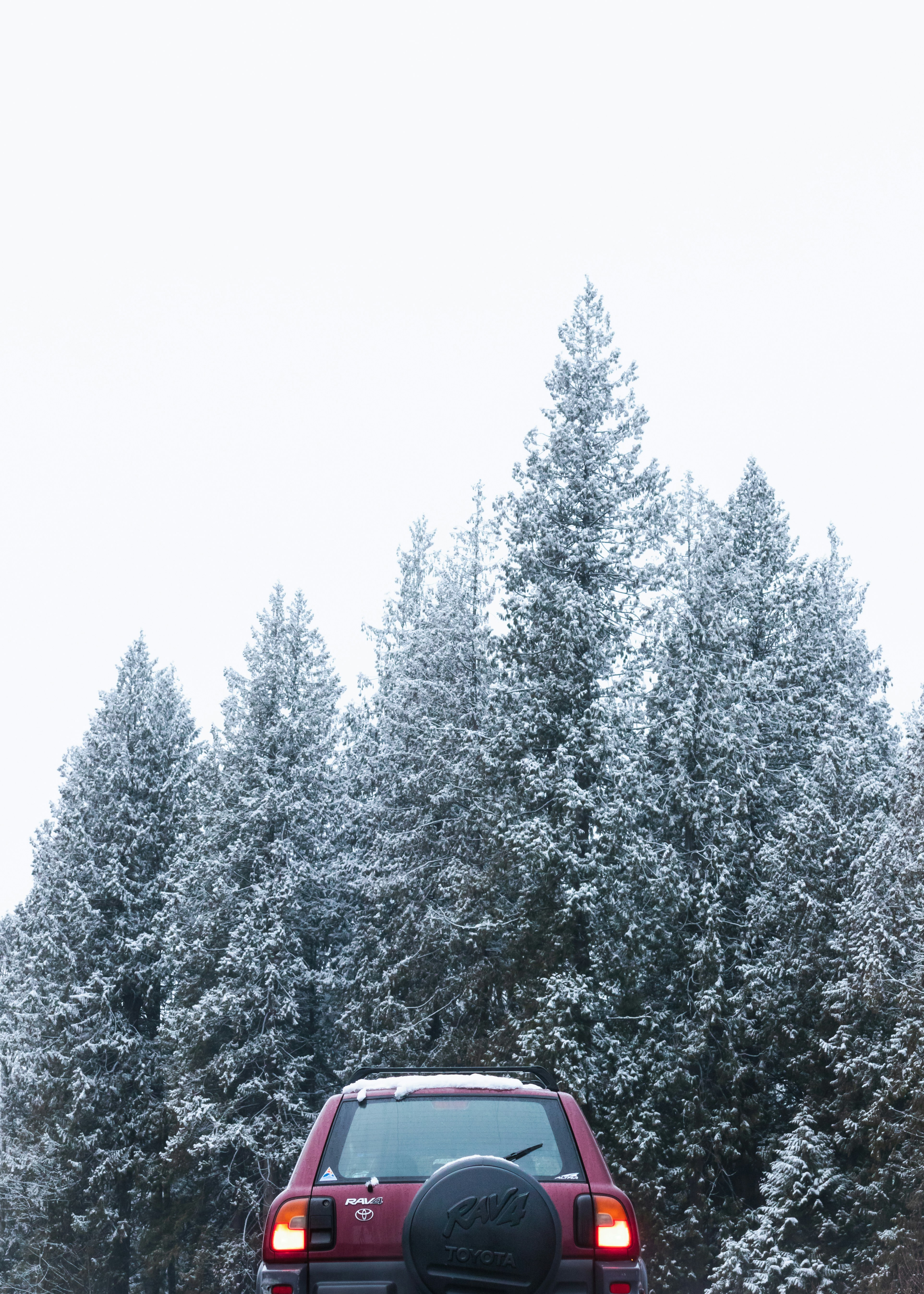 A red SUV parked on a snow-covered road, surrounded by tall, frosted evergreen trees under a pale sky.