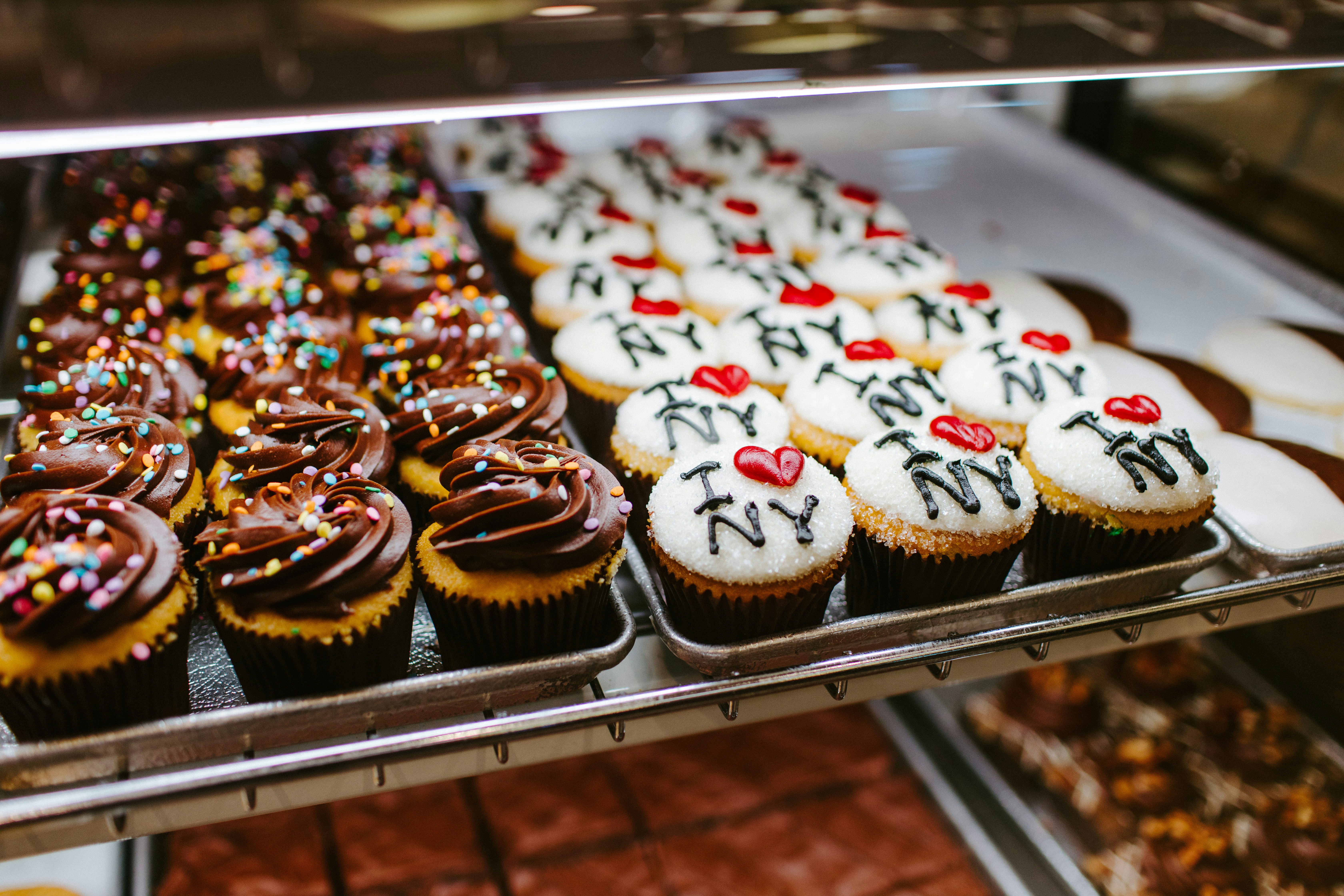 Cupcake Display of Chocolate Swirls and I Heart NY Icing
