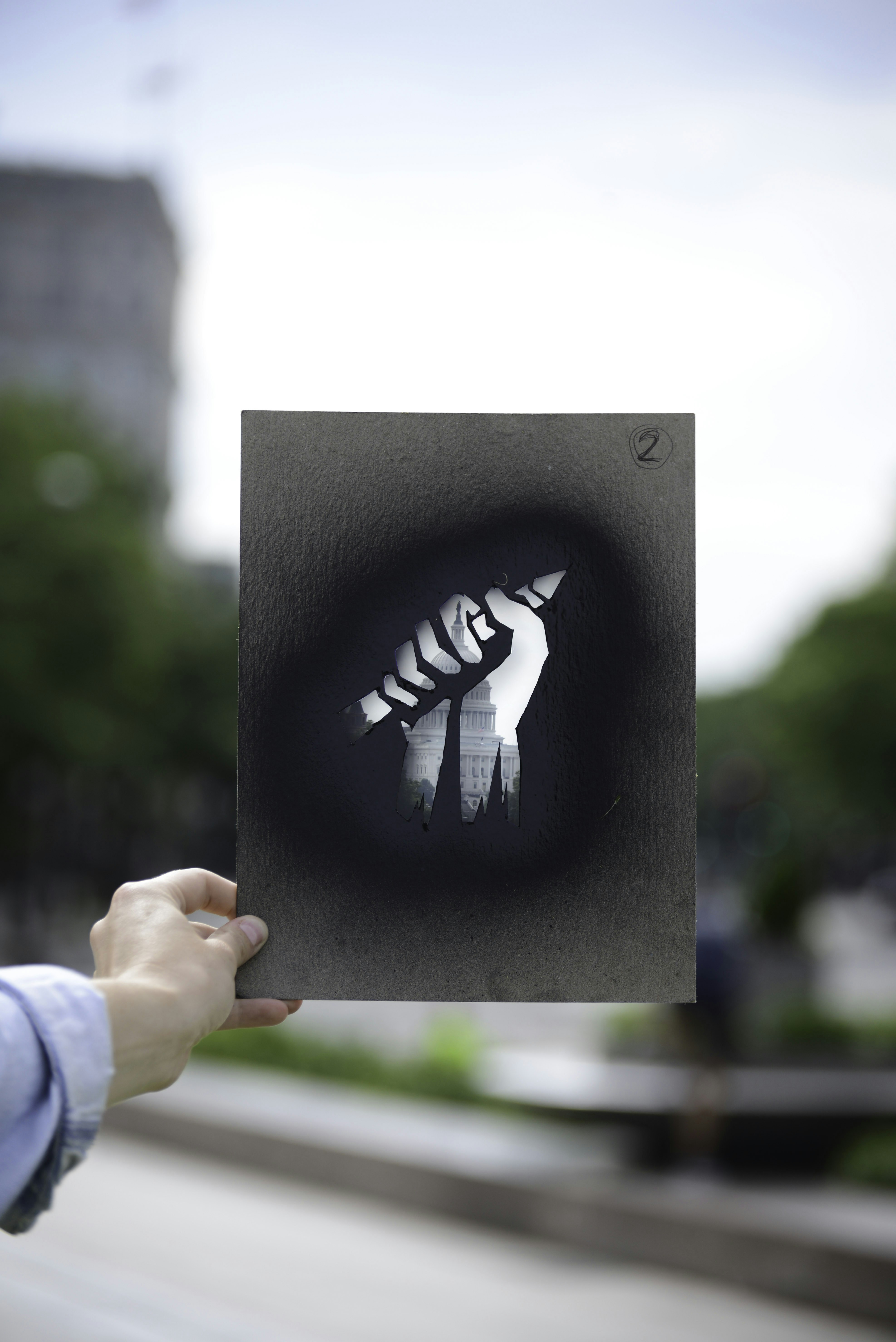 Photo of a friend holding an educators for equity stencil over the US capital(BLM protests)  | person holding black and white bird print card