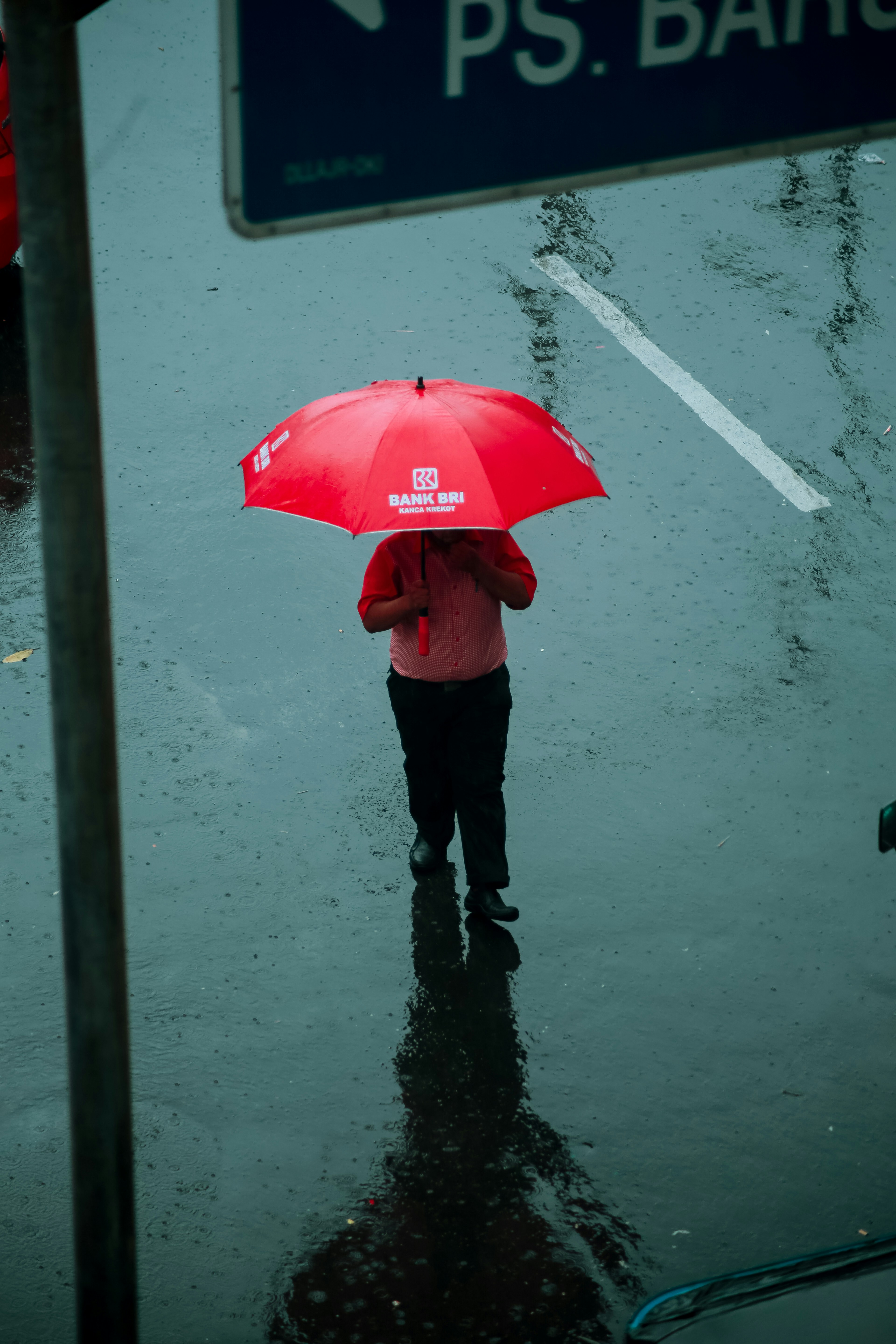 Crimson Umbrella Over a Rain-Slick Parking Lot and Its Reflection