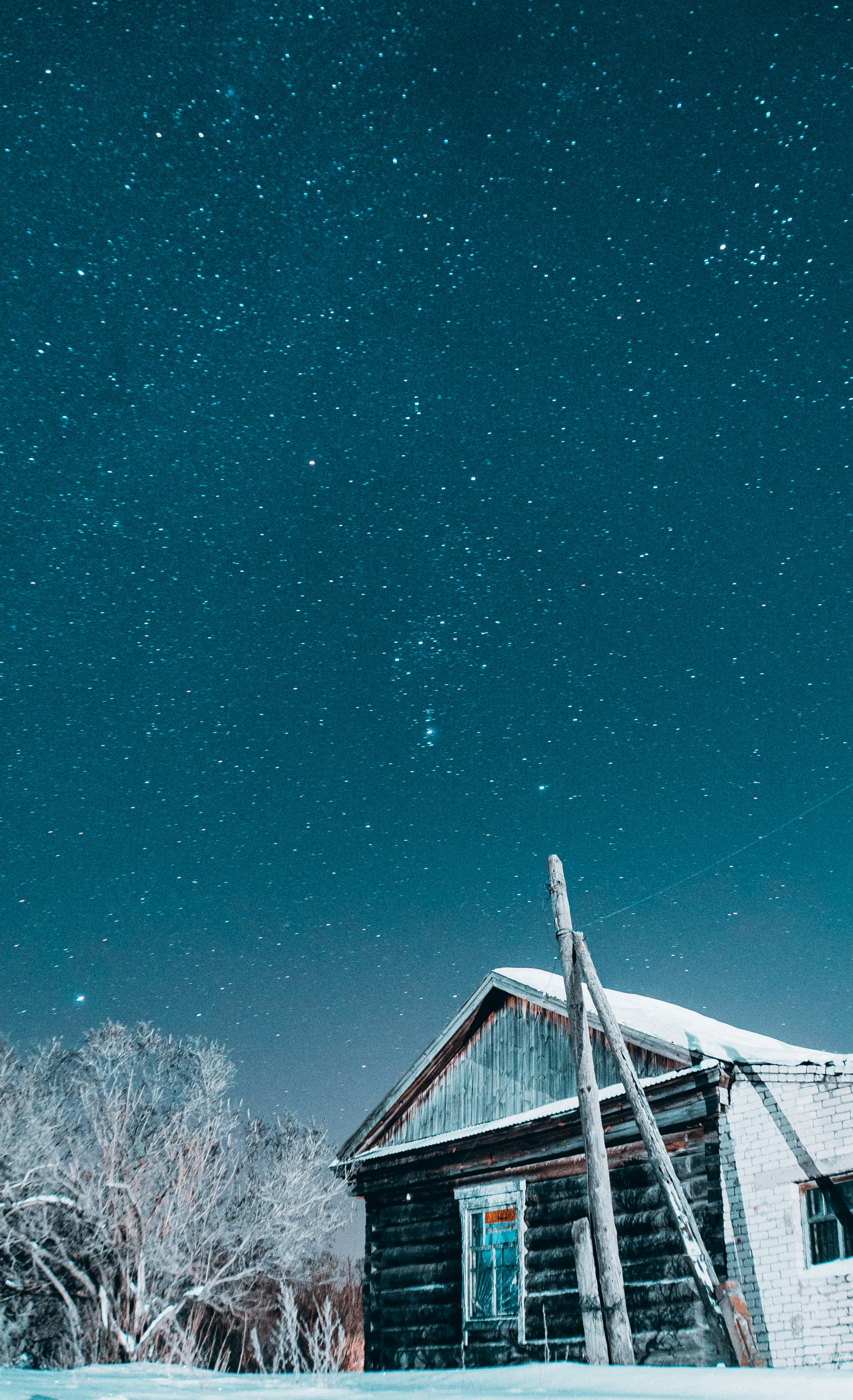 An old wooden house illuminated by starlight, surrounded by trees, with a clear night sky filled with stars above.