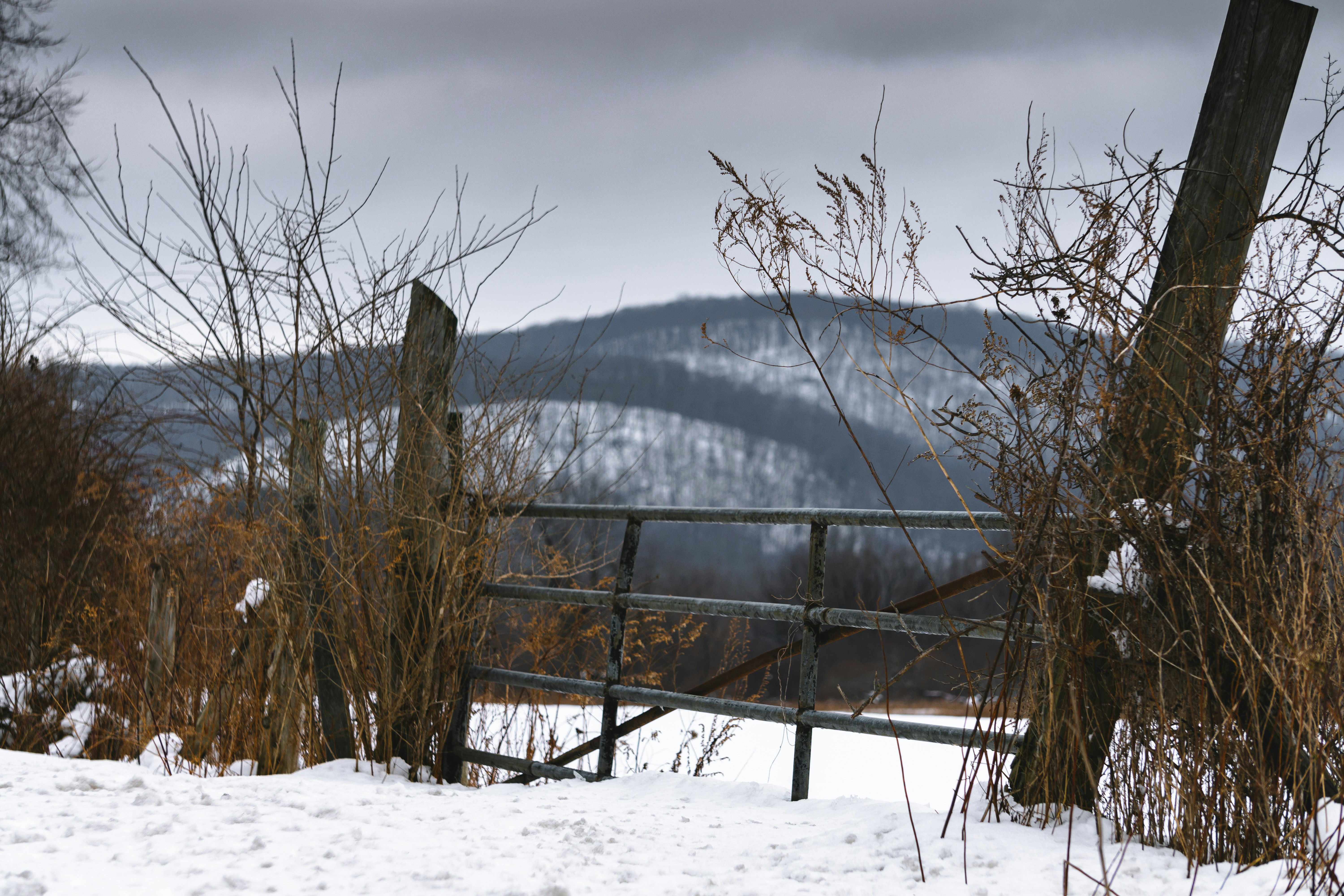 Weathered Gate Framing a Snow-Covered Valley