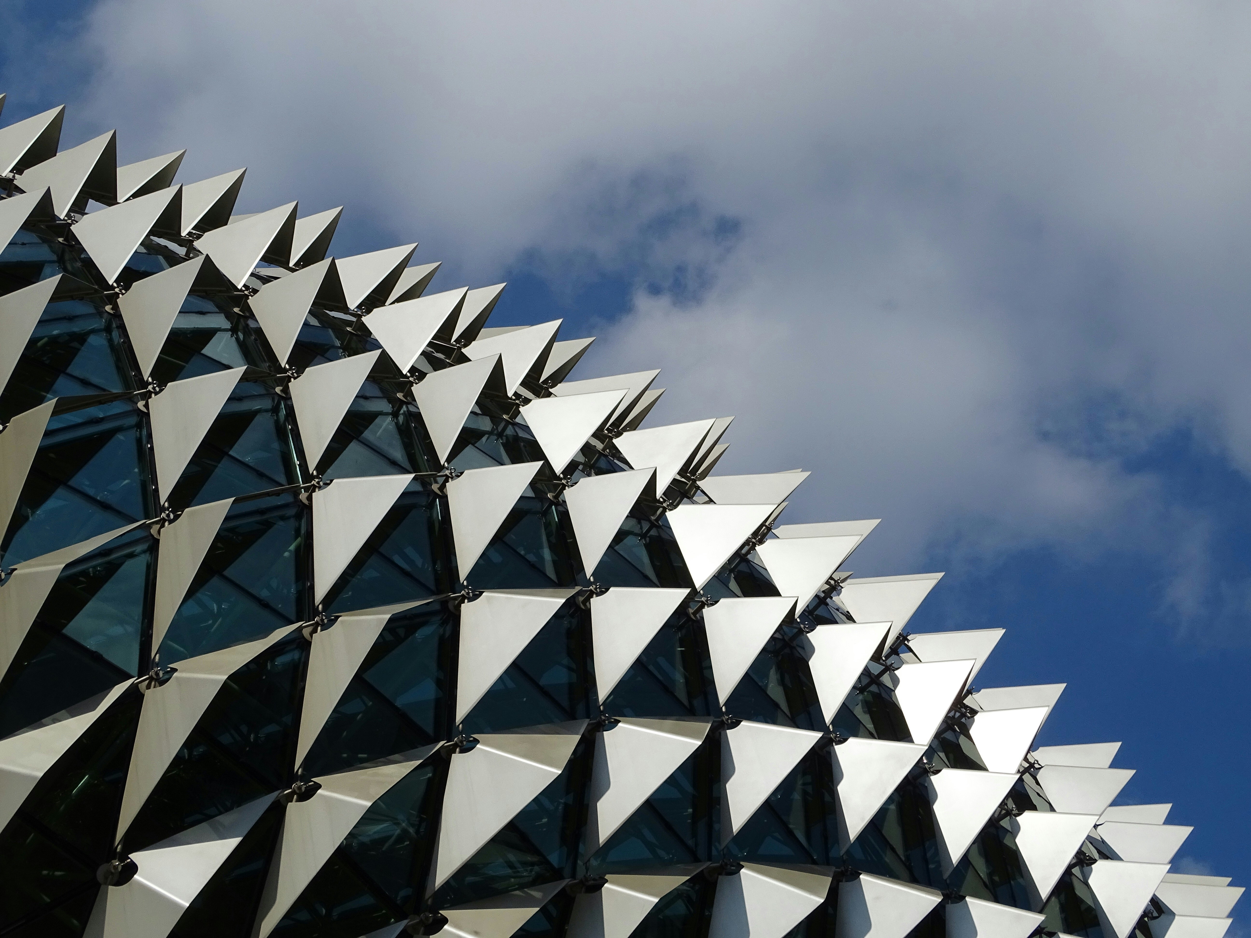 Chevron Facade: A Diagonal Sea of White Triangles on Glass